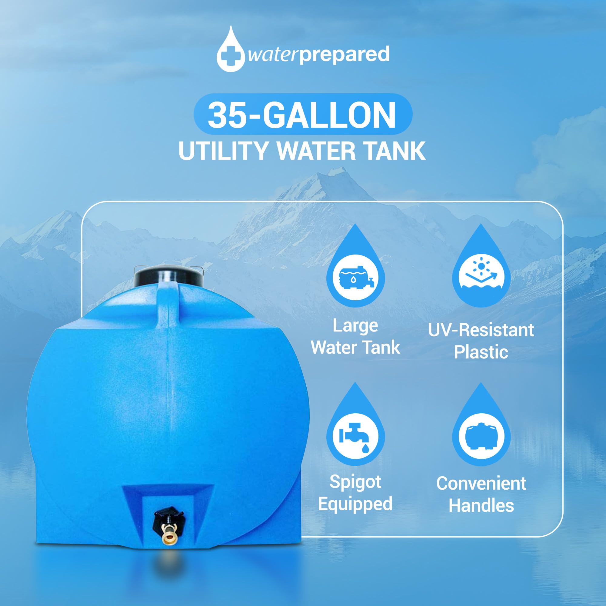 WaterPrepared 35 Gallon Utility Water Tank with Large Cap for Easy Filling, 3/4 Inch Brass Spigot, 2 Built in Strapping Points and 2 Handles, Blue