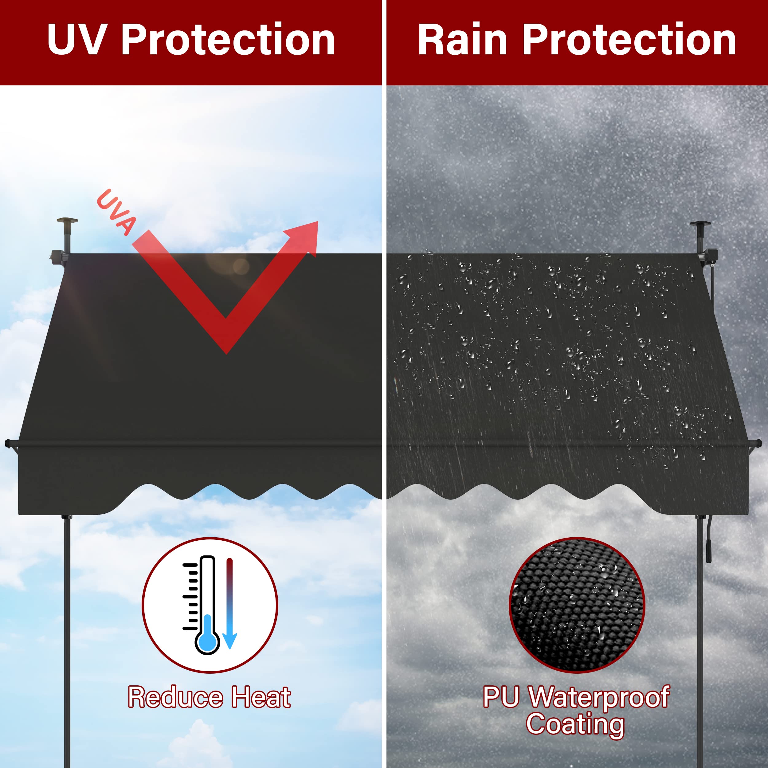 STEELAID Manual Retractable Awning – 59” Non-Screw Outdoor Sun Shade – Adjustable Pergola Shade Cover with UV Protection – 100% Polyester Made Outdoor Canopy – Ideal for Any Window or Door
