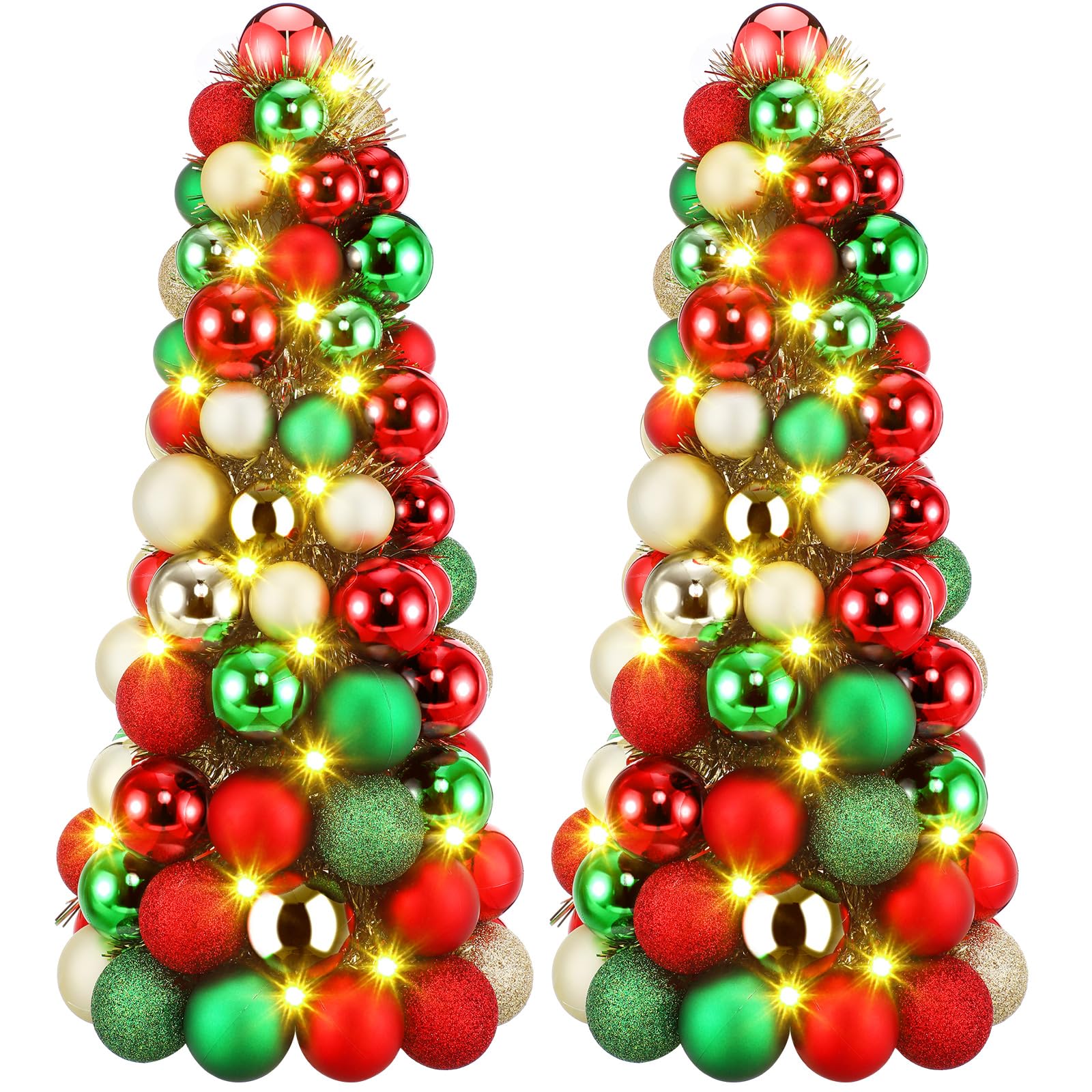 Yuxung 2 Pcs 16 Inch Christmas Ball Tree with 2 Led String Lights Mini Tabletop Cone Shaped Christmas Tree Ball Ornament Table Centerpiece for Xmas Holiday Room Decor (Red, Green and Gold)