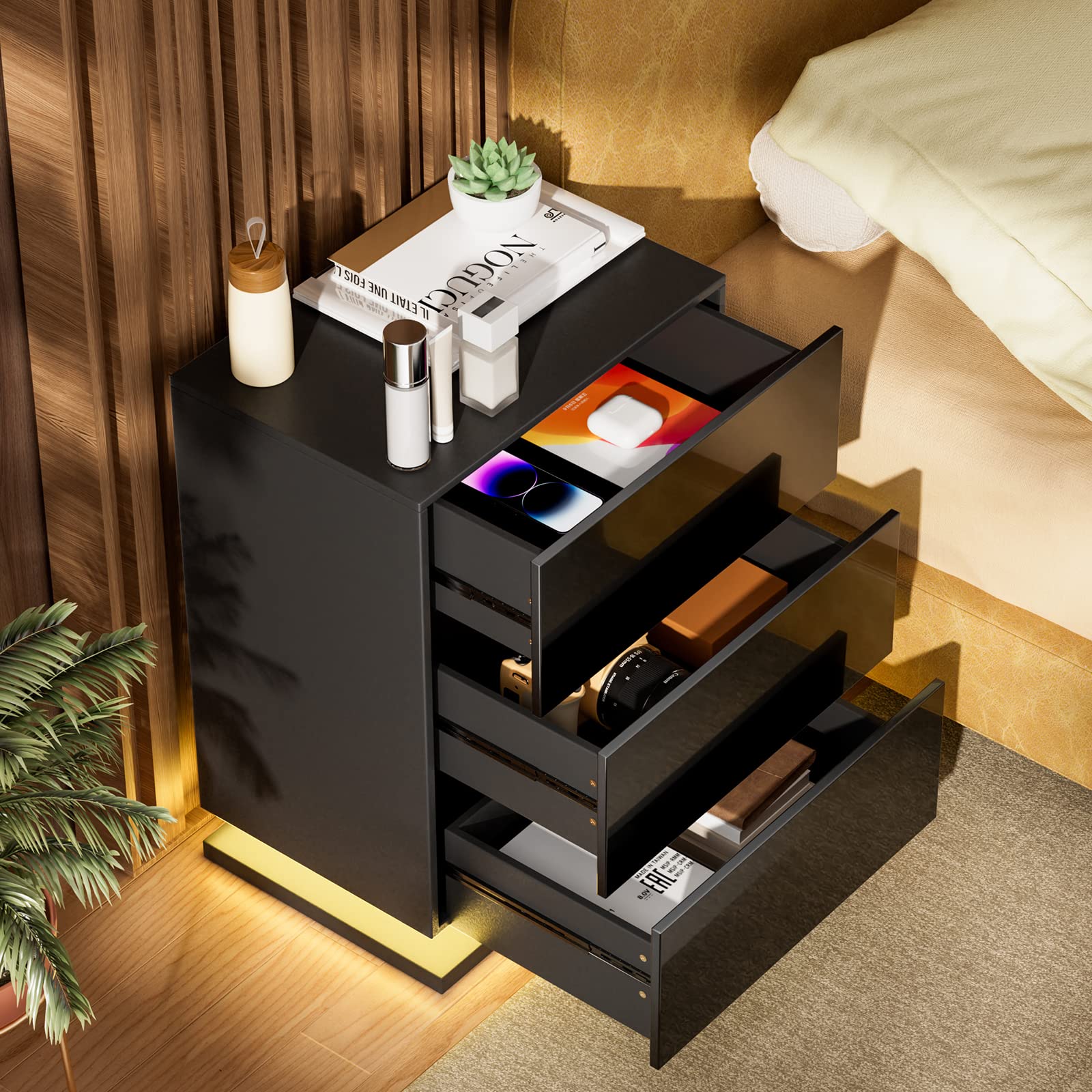 YILQQPER Nightstand Set of 2 with LED, End Tables with 3 Drawers and I Flapping Top Box, Night stand for Bedroom, Living Room, Modern Tall Bedside Table with High Gloss Panel (Gloosy White)