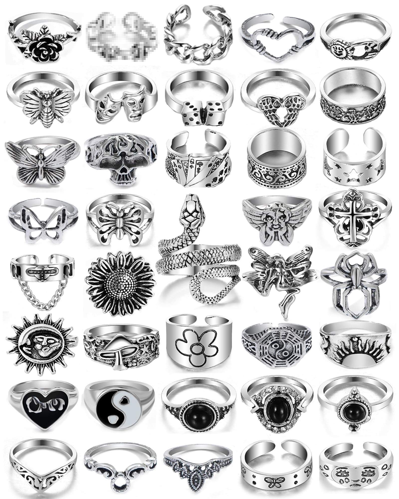 ZOVOLI 42-45PCS Vintage Sliver Goth Punk Rings Set for Women Men Cool Gothic Ring Pack Y2K Open Chunky Knuckle Emo Rings Skull Snake Flower Butterfly Trendy Stackable Rings for Gift (45PCS)