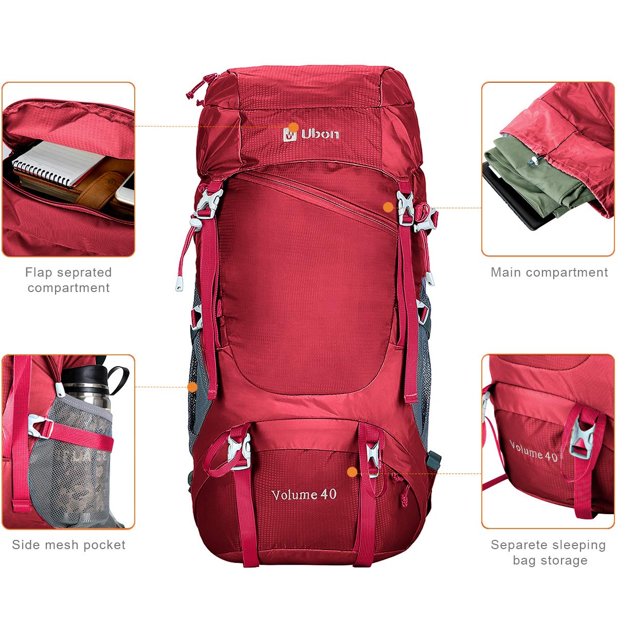 Ubon 40L Packable Backpack Lightweight Water Resistant Daypack Ultralight Foldable Backpack Fits Women Men for Hiking Travel Red