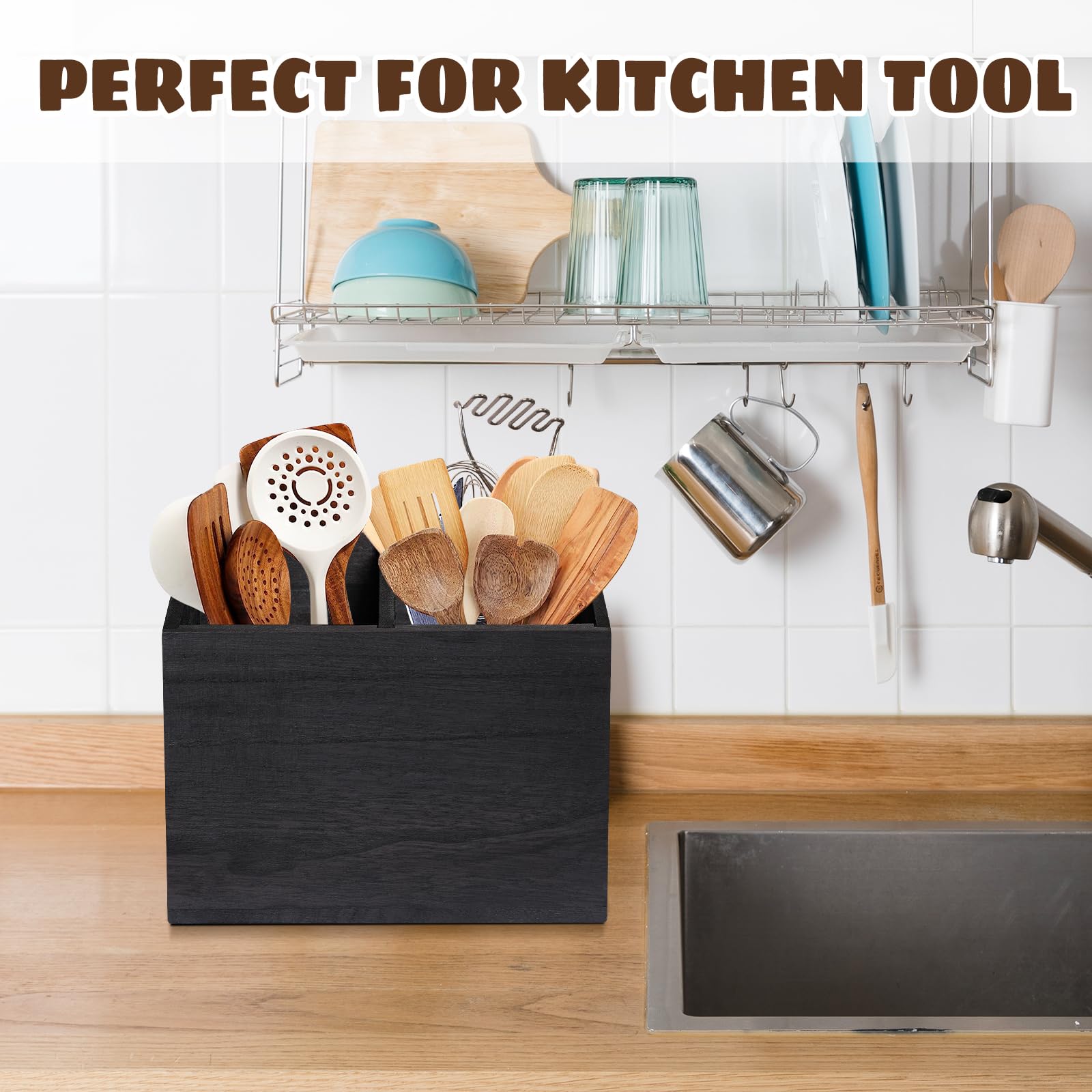Wooden Kitchen Utensil Caddy With 2 Compartments, Rustic Kitchen Utensil Holder for Kitchen Countertop, Wood Utensil Crock Organizer Box for Farmhouse Kitchen Decor (black)