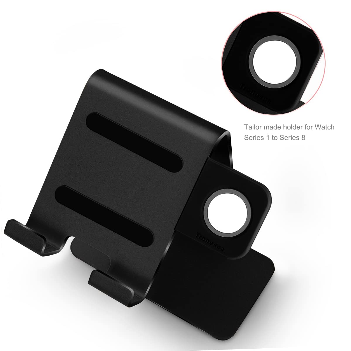 Tranesca 2 in 1 Charging Stand Holder Dock Compatible for Apple Watch Series Ultra2/Ultra/9/8/7/6/5/4/3/2/1/SE (38mm/40mm/41mm/42mm/44mm/45mm/49mm) and Cell Phone/Tablet - Black