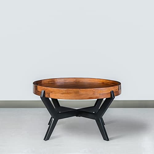 The Urban Port 30-Inch Industrial Round Acacia Wood Tray Coffee Table with Flared Metal Legs