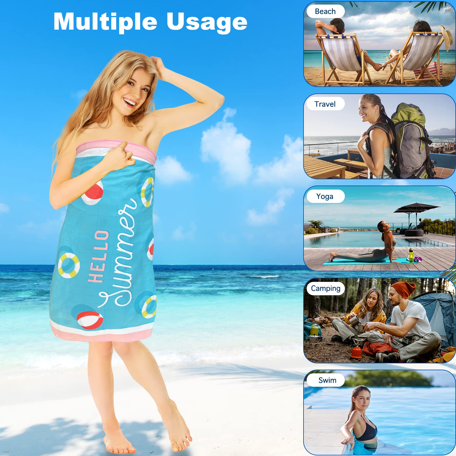 Yunaeduo Microfiber Beach Towels for Adults - Quick Dry Lightweight Oversized (31.5βx63β) Super Absorbent - Large Sand Free Beach Towel - Travel Towel, Beach Accessories