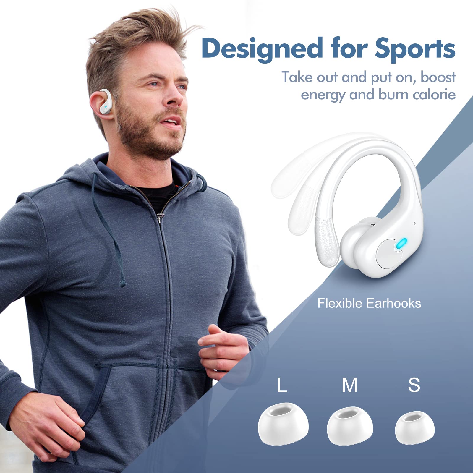 Wireless Earbuds, Bluetooth Headphones 80Hrs Playback with LED Diaplay Charging Case Noise Cancelling Ear buds with Earhooks, IPX7 Waterproof Over Ear Earphones for Sports Running Workout(White)