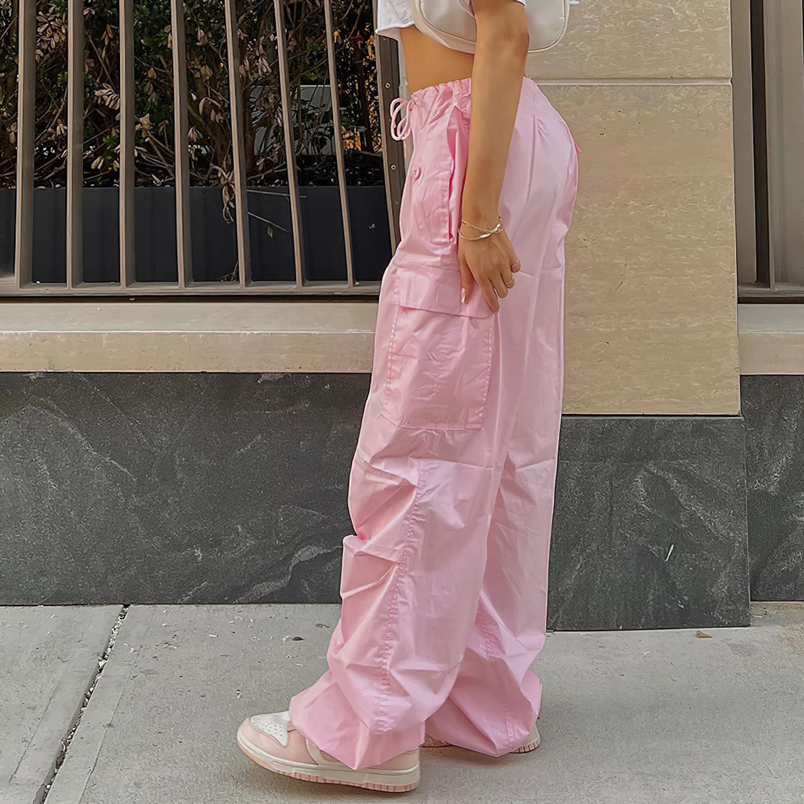 Viatabuna Parachute Women's Oversized Cargo Pants Drawstring High Rise Baggy Joggers Sweatpants Plus Size Y2K Wide Leg Pants Pink