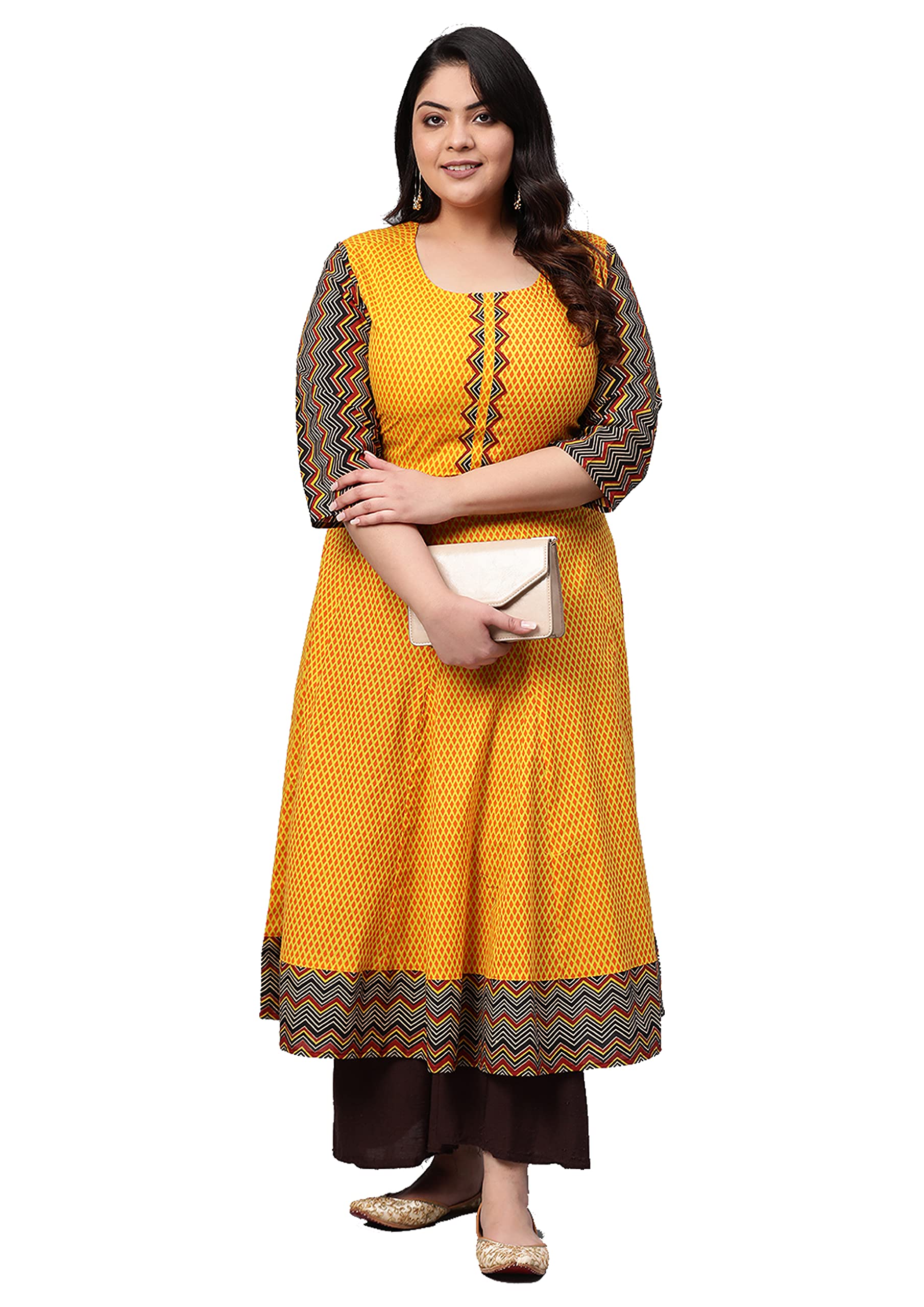 Yash Gallery Plus Size Cotton Geometric Print 3/4 Sleeve Round Neck Anarkali Kurta (Mustard Yellow, 3XL)