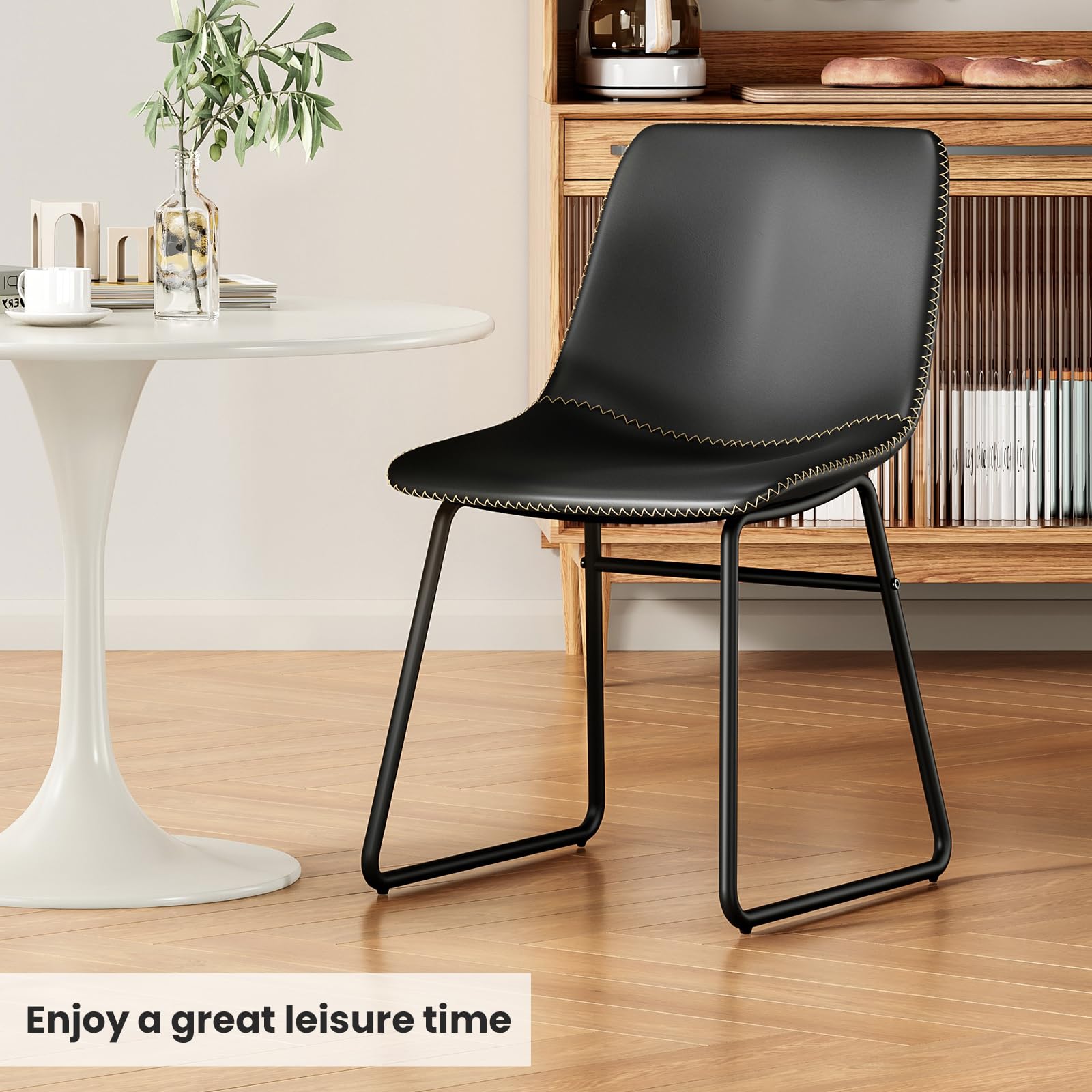 Soohow Set of 2, Kitchen Room Mid Century Midcentury Modern Faux Leather Comfortable, Home, Bistro Coffee Shop, Dining Chairs 4 PCS, Black