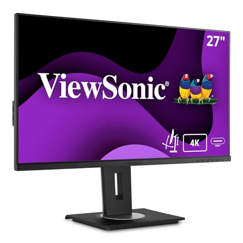 ViewSonic VG2756-4K 27 Inch IPS 4K Docking Monitor with Integrated USB 3.2 Type-C RJ45 HDMI Display Port and 40 Degree Tilt Ergonomics for Home and Office,Black