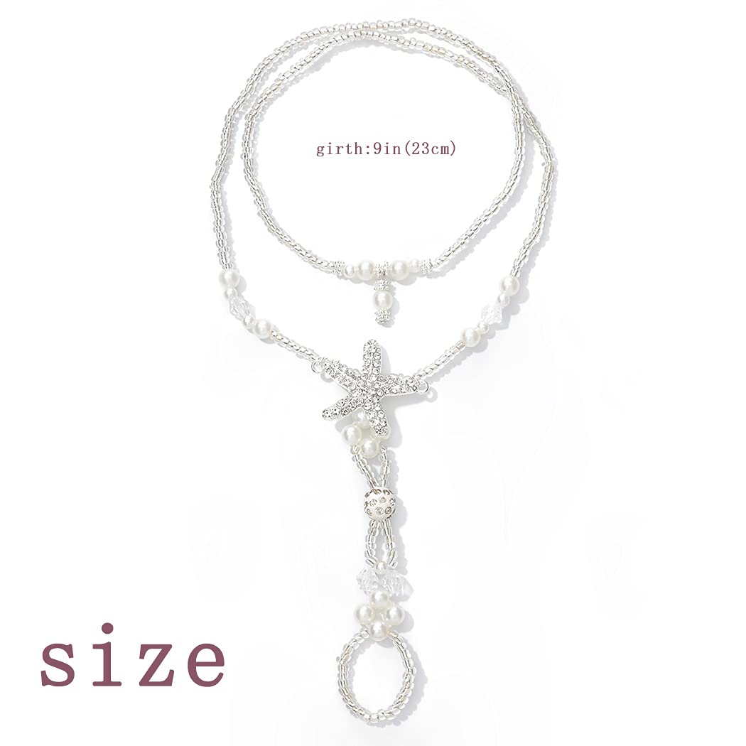 Woeoe Boho Crystal Anklet White Starfish Ankle Chains Beach Pearl Barefoot Sandals Ankle Bracelet Summer Foot Chain Jewelry for Women