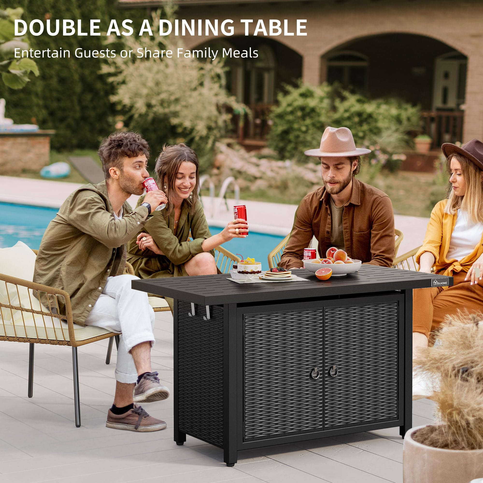 YITAHOME 43 Inch Propane Fire Pit Table and Resin Wicker Base, 50,000 BTU Gas Fire Pit with Ignition Systems, Iron Tabletop, Fire Glass Beads, Cover, Lid Hanger, Rectangle Outdoor Firetable for Patio