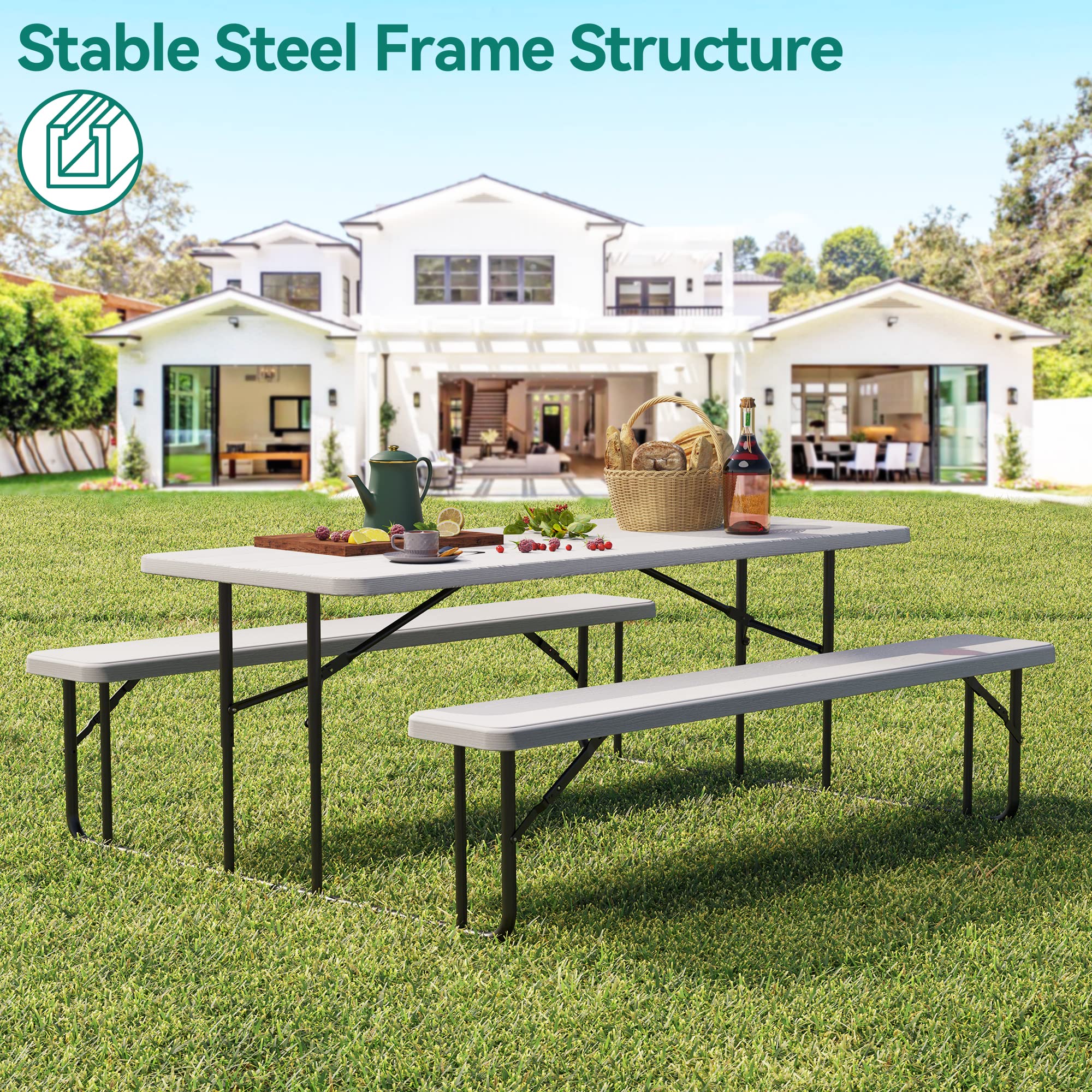 YITAHOME 6FT Large Folding Picnic Table w/Easy Assembly Steel Frame & Wood Like Tabletop, All Weather Folding Picnic Tables with benches Ideal for Yard Patio Lawn Party, White