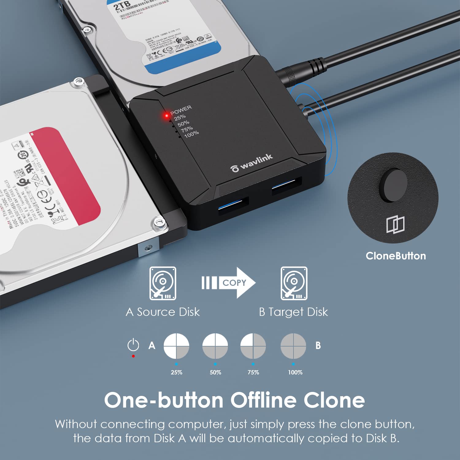 WAVLINK USB 3.0 to Dual Bay SATA Adapter, External 2.5" 3.5'' SATA Hard Drive Connector with 2 USB3.0 Ports and Offline Cloning Function for Files Transfer & Backup (2x18 TB & UASP Supported)