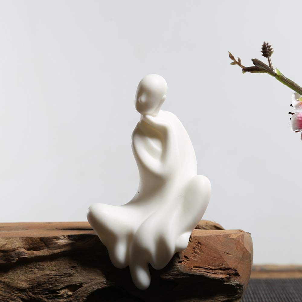 White Ceramic Little Buddha Monk Furniture Handmade Home Deco Buddhism Creative Gift (Wooden Pedestal)