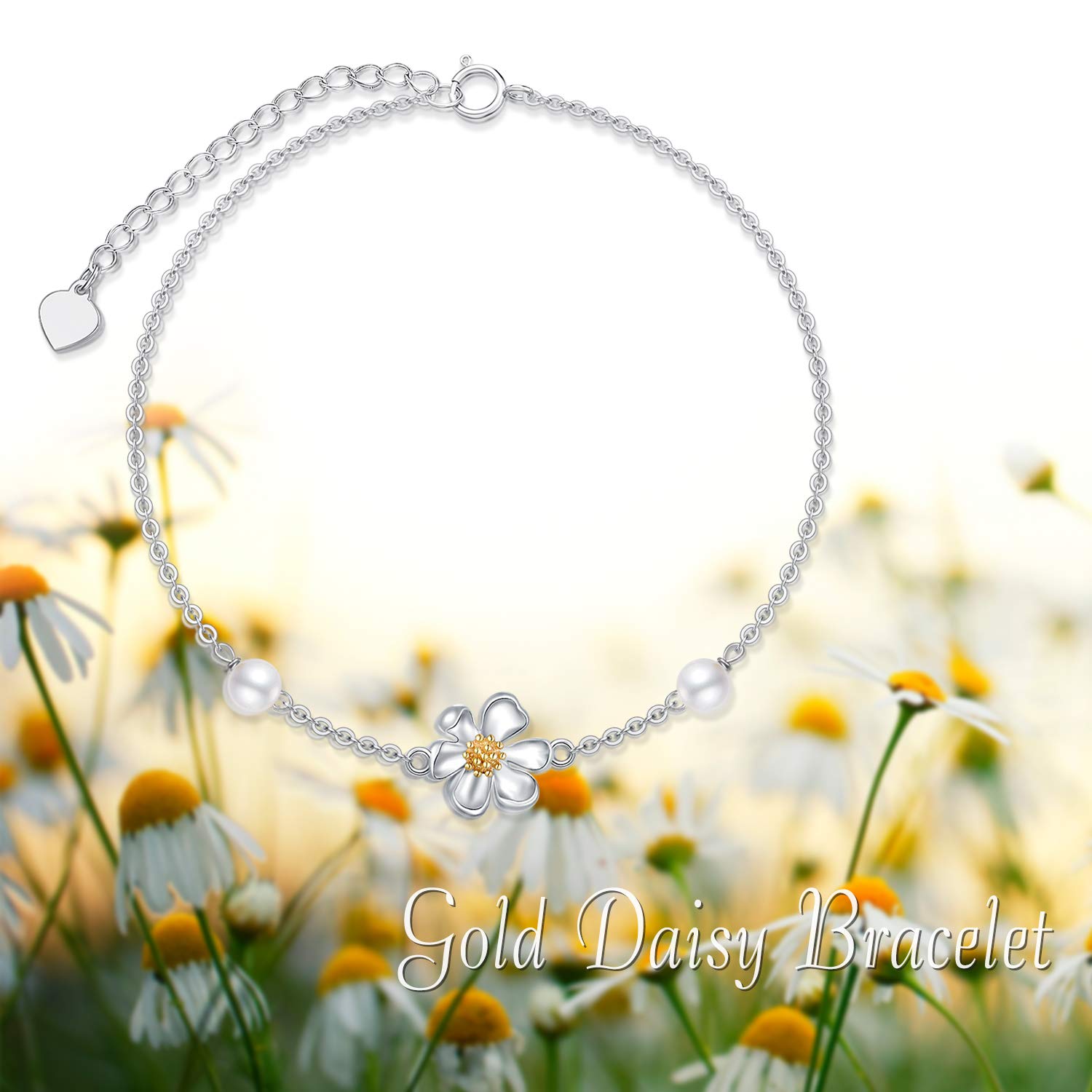 Yafeeso Solid 14K White Gold Daisy Bracelet for Women Daisy Flower Link Bracelet Daisy Jewelry Anniversary Birthday Gifts for Her, 6.5+2 Inch
