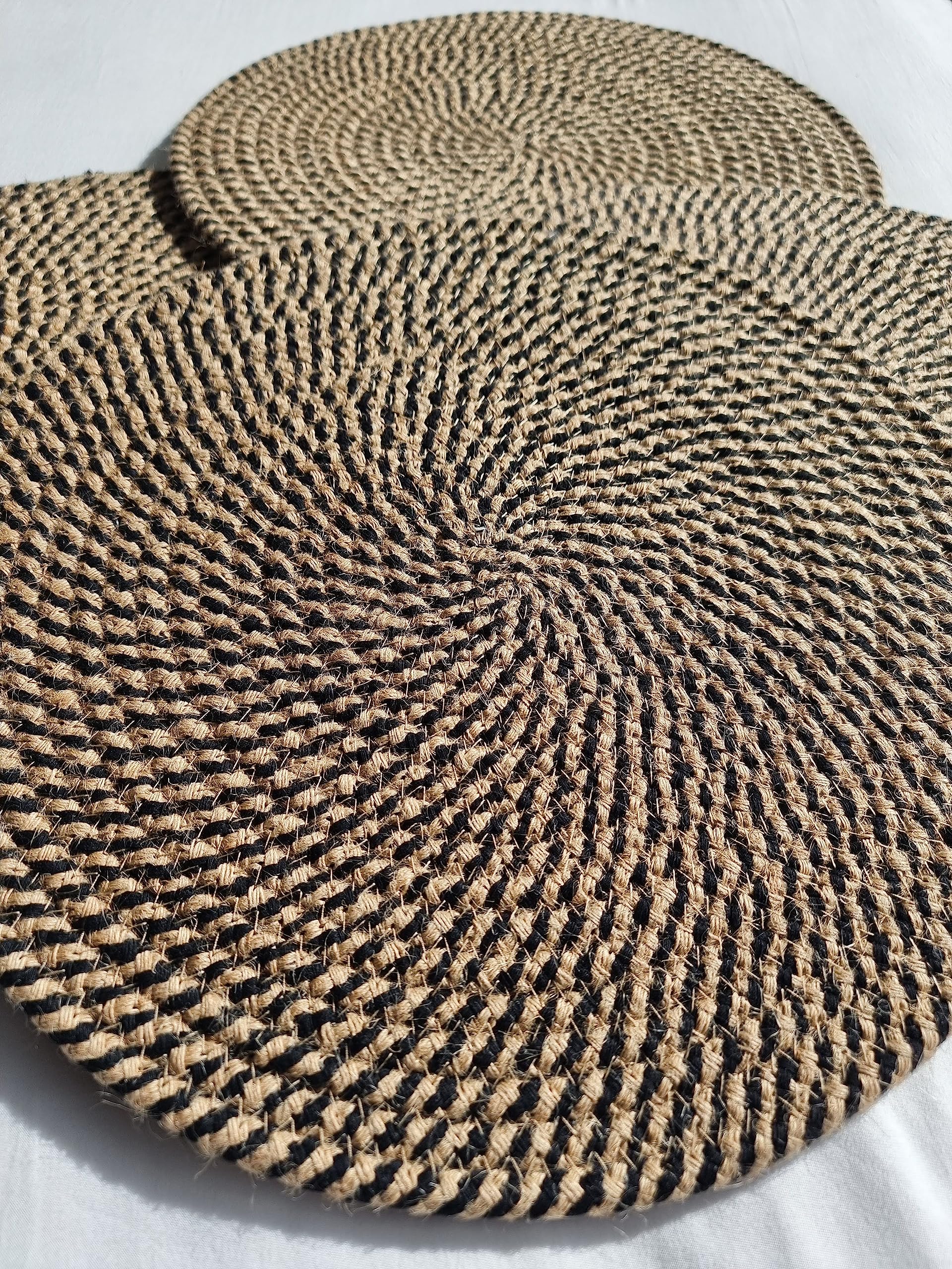 Wavy - Elegant Boho Round Placemats (Set of 4) - 14 inches, Natural Jute Cotton, Black Dining Table Mats