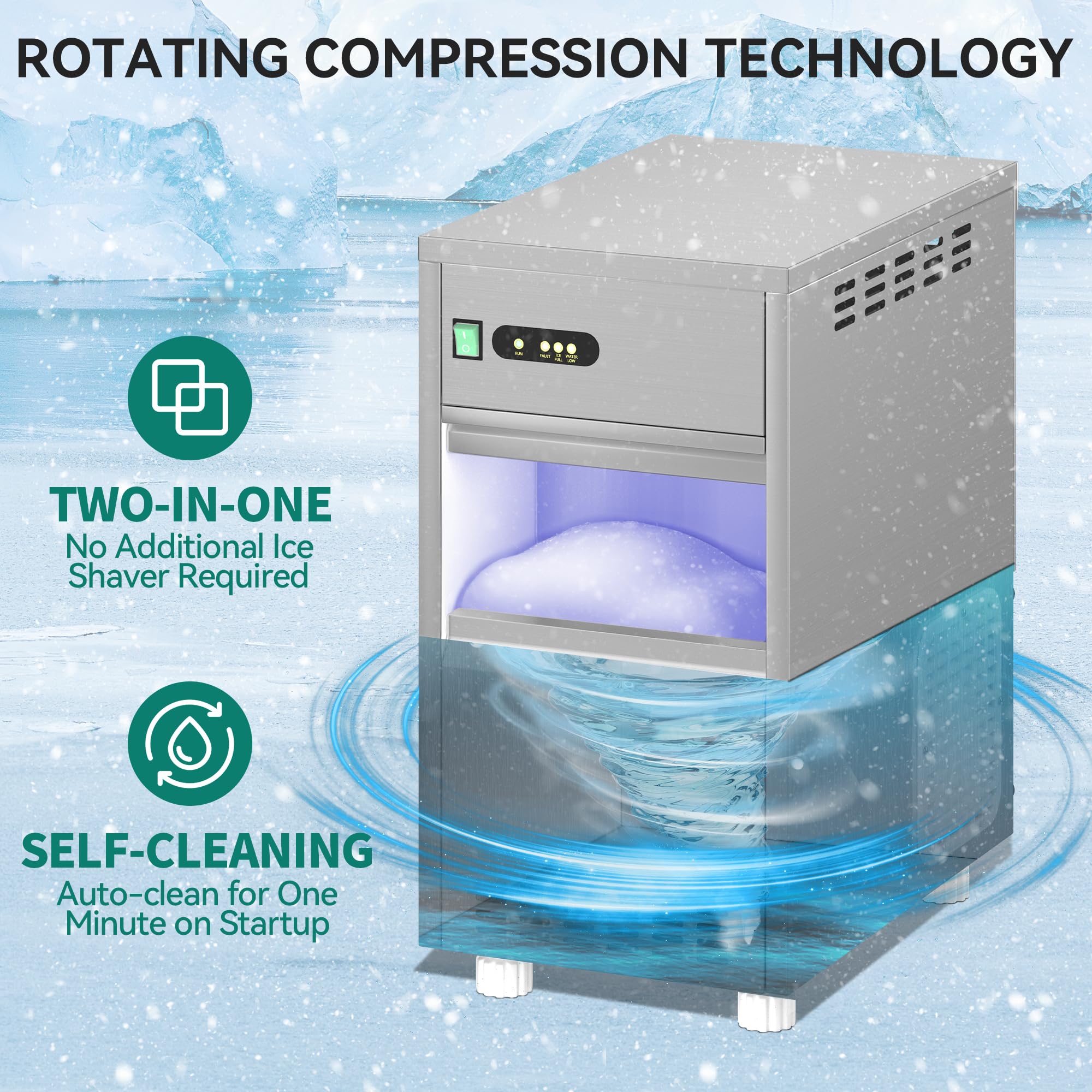 YITAHOME Commercial Snowflake Ice Machine 44LBS/24H with 11LBS Storage, Food Grade Stainless Steel Automatic Freestanding Flake Ice Maker Machine with Water Filter, Scoop
