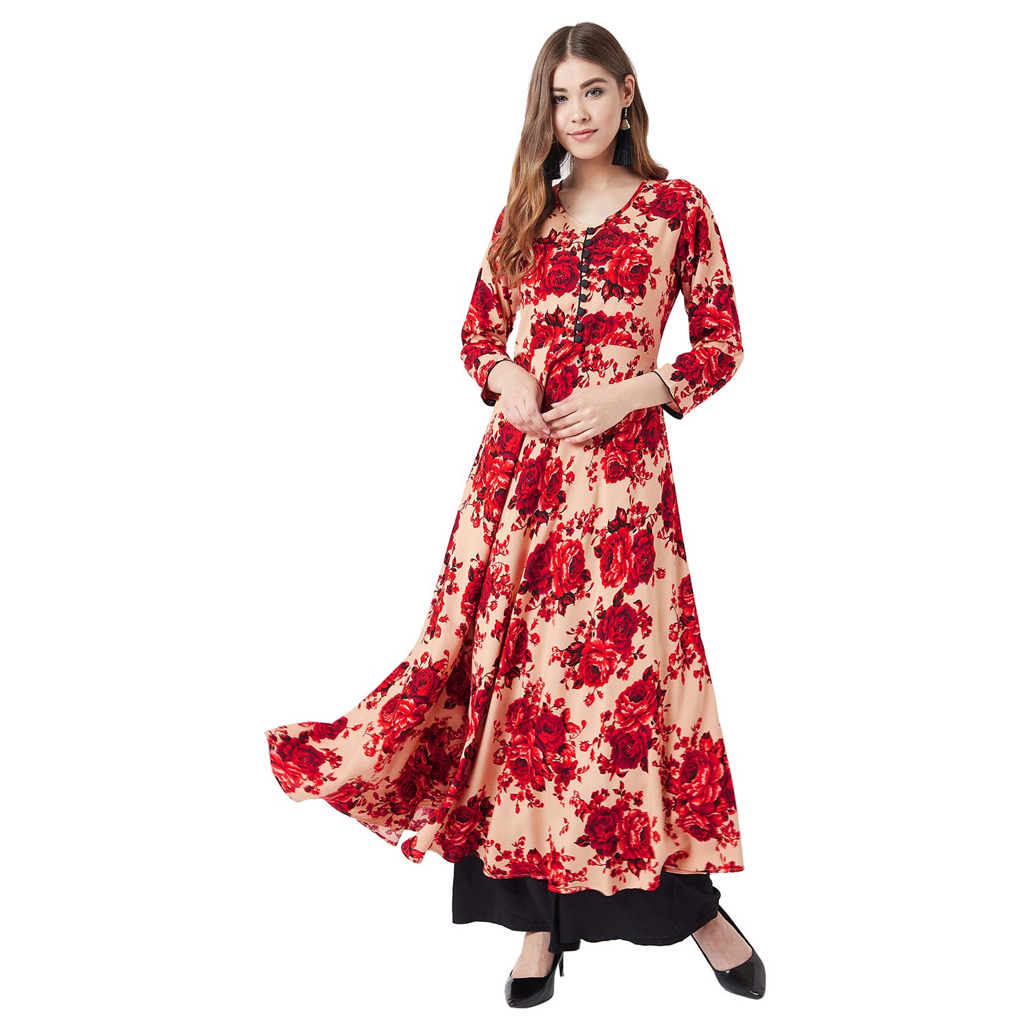Tissu Women's Rayon Beige Floral Printed Flared Kurta (Beige_XXL)