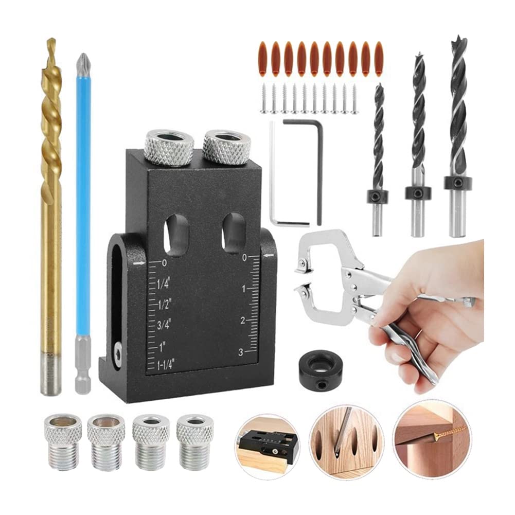 TAMOSH Woodworking Oblique Hole Locator Drill Bits Pocket Hole Jig Kit 15 Degree Angle Drill Set Hole Puncher