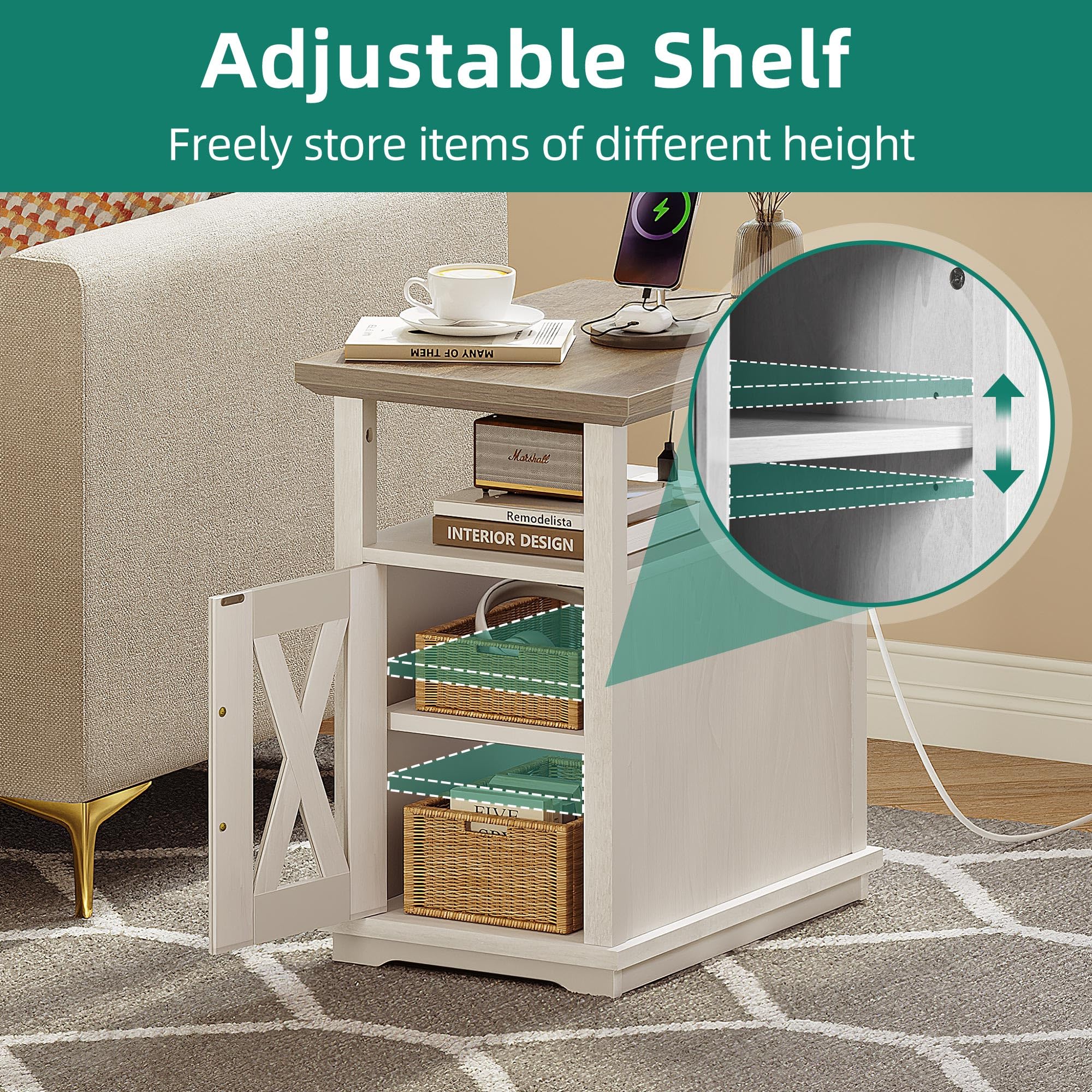 YITAHOME End Table with Charging Station, Narrow Side Table with Storage Adjustable Shelf, Farmhouse Nightstand with Door, End Tables Living Room Set of 2, Grey Wash