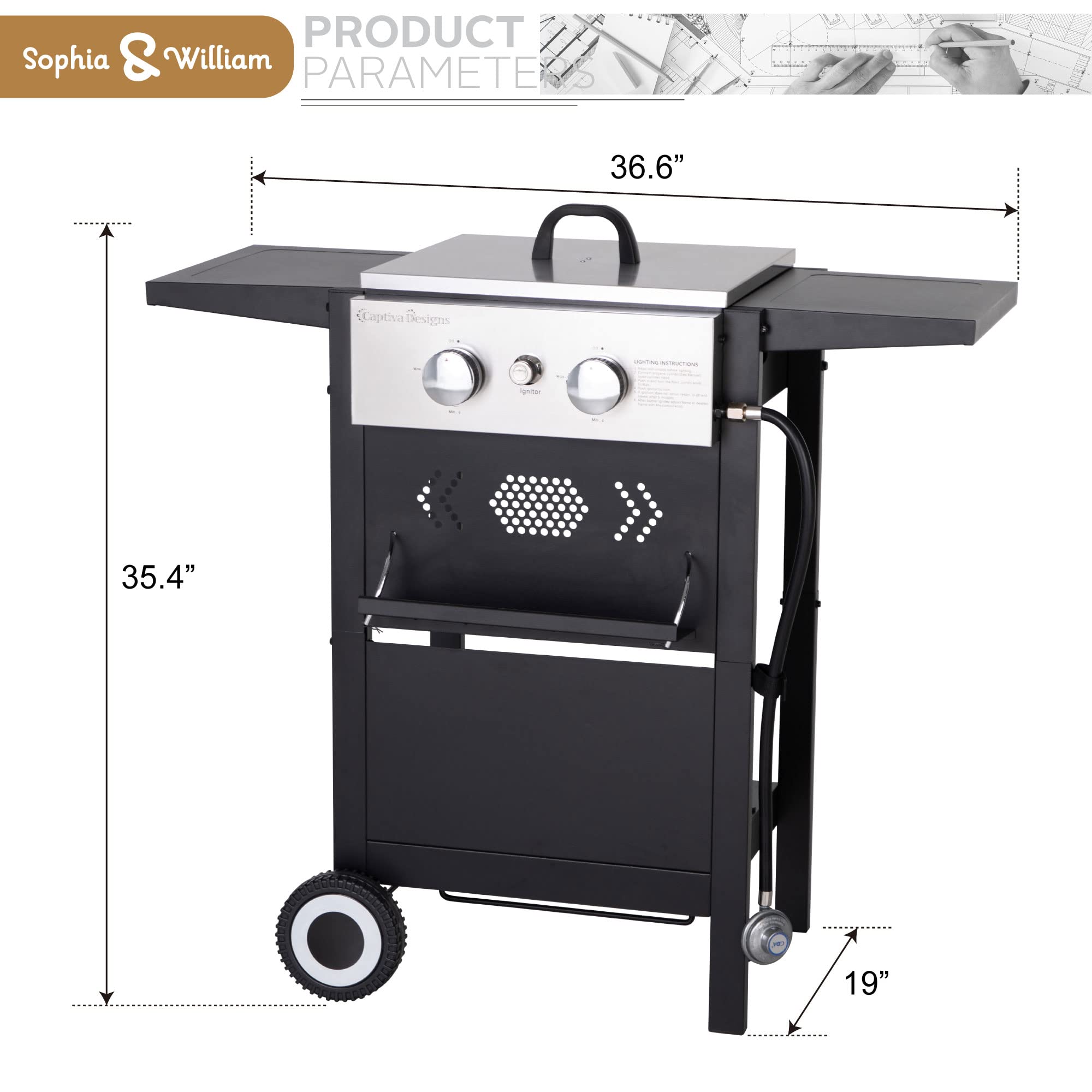 Sophia & William Flat Top Gas Griddle Grill with lid 3-Burner 33,000 BTU Propane BBQ Grill Outdoor Cooking Station, Can be Converted into Table Top Griddle for Camping