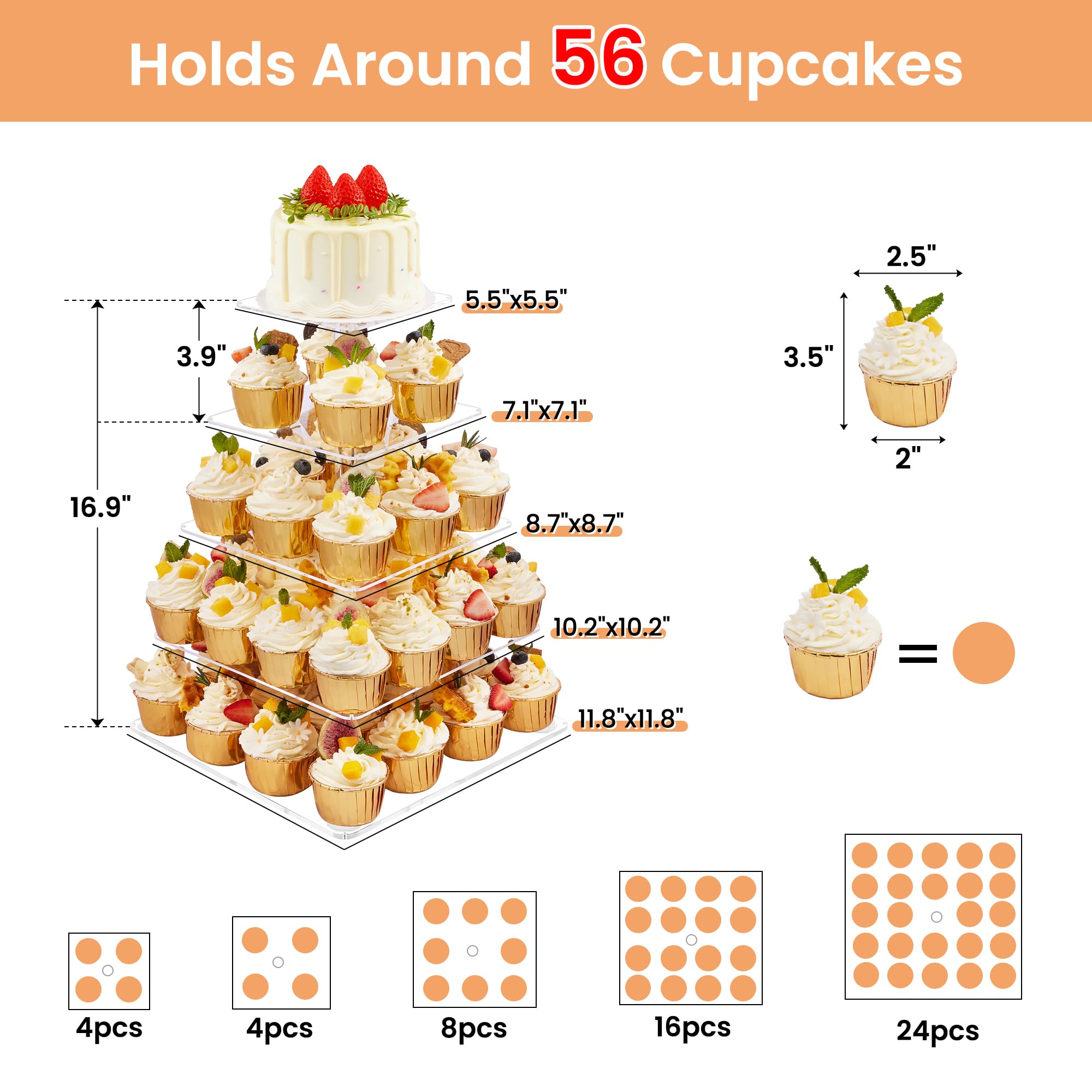 upsimples 5 Tier Acrylic Cupcake Stand, Dessert Tower for 56 Cupcakes, Square Cupcake Display Stand with Yellow LED Light for Birthday, Baby Shower, Tea Party and Wedding Décor