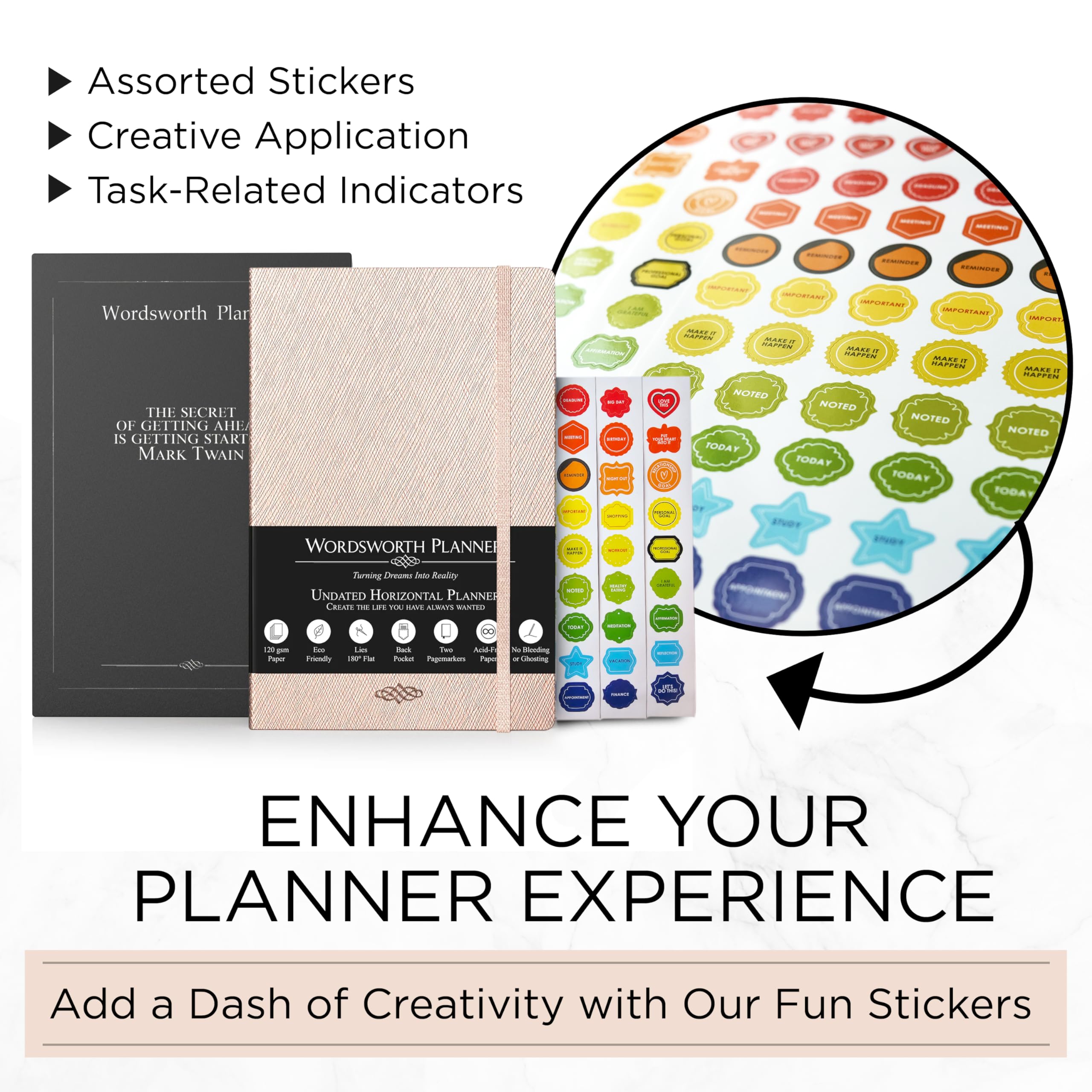 Wordsworth Undated Planner Weekly and Monthly - Dotted Blank Planner - Hardcover, Dateless Weekly Planner, 5.83 × 8.27In - Premium A5 Paper (120GSM) - Monthly, Weekly, Yearly Spread - Bullet Planner