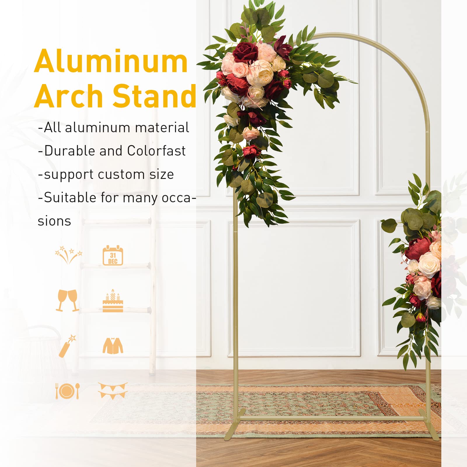 WORFEI 6.6FT Gold Aluminum Arch Backdrop Stand, Square Balloon Arch Stand Wedding Frame for Birthday Party, Baby Shower, and Ceremony Decoration