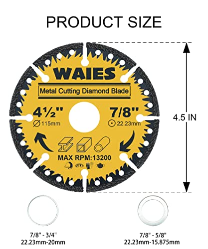 Waies 4-1/2 Inch Metal Cutting Diamond Blade for Angle Grinders, All Purpose Metal Cut Off Wheels for Steel, Rebar, Sheet Metal, Angle Iron, Stainless Steel (3PCS)