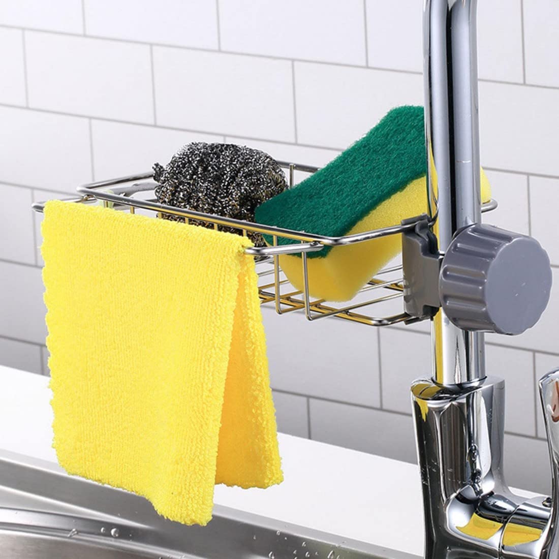 Vilehubju Faucet Storage Rack, Stainless Steel Sink Rack Removable Hanging Faucet Drainage Rack for Kitchen Bathroom Can Be Placed with Sponges Hand Sanitizer Soap Brushes Towels (Silver)
