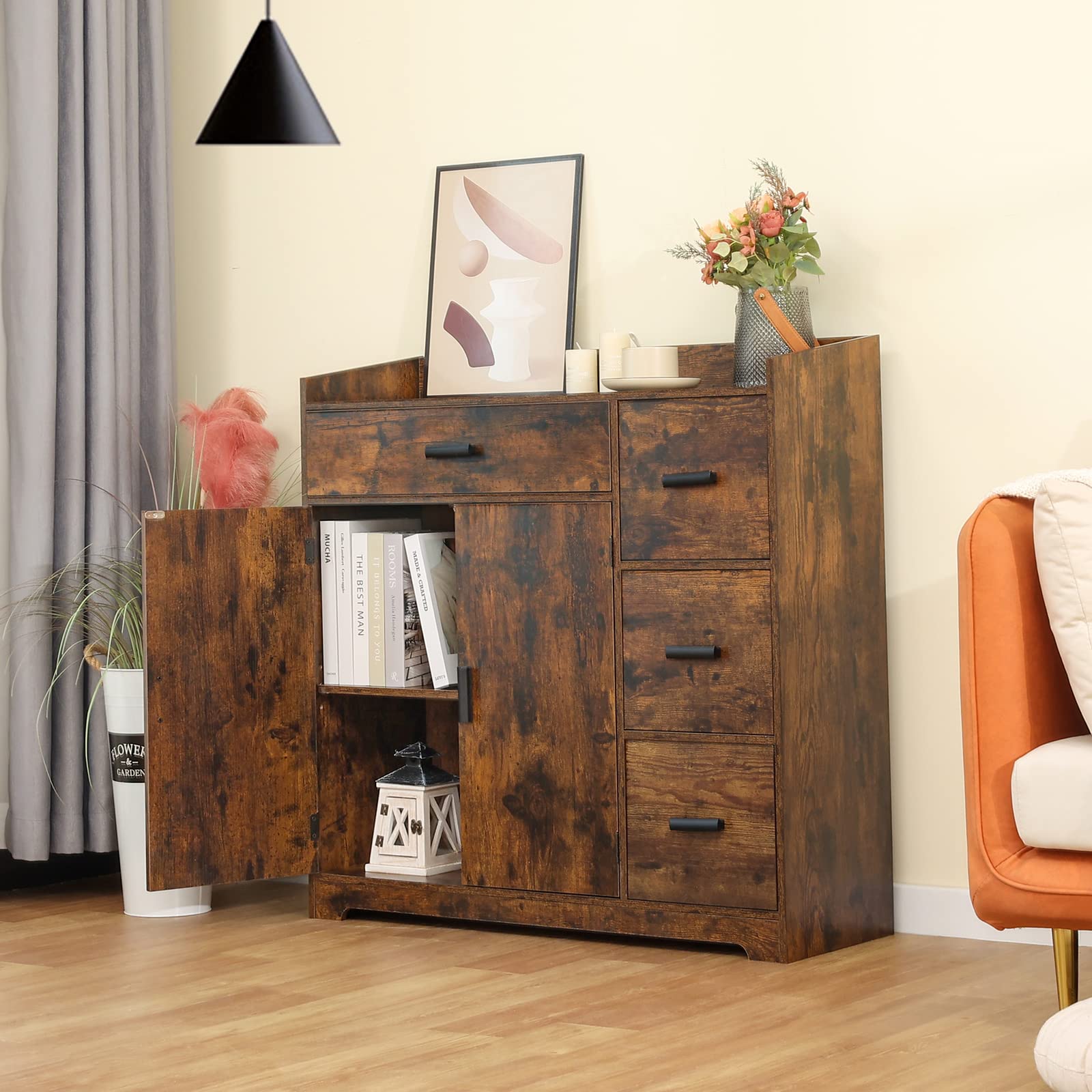usikey Storage Cabinet with 2 Doors & 4 Drawers, Freestanding Cabinet with Adjustable Shelves, Wooden Sideboard, Accent Cabinet for Living Room, Hallway, Kitchen, Bedroom, Rustic Brown