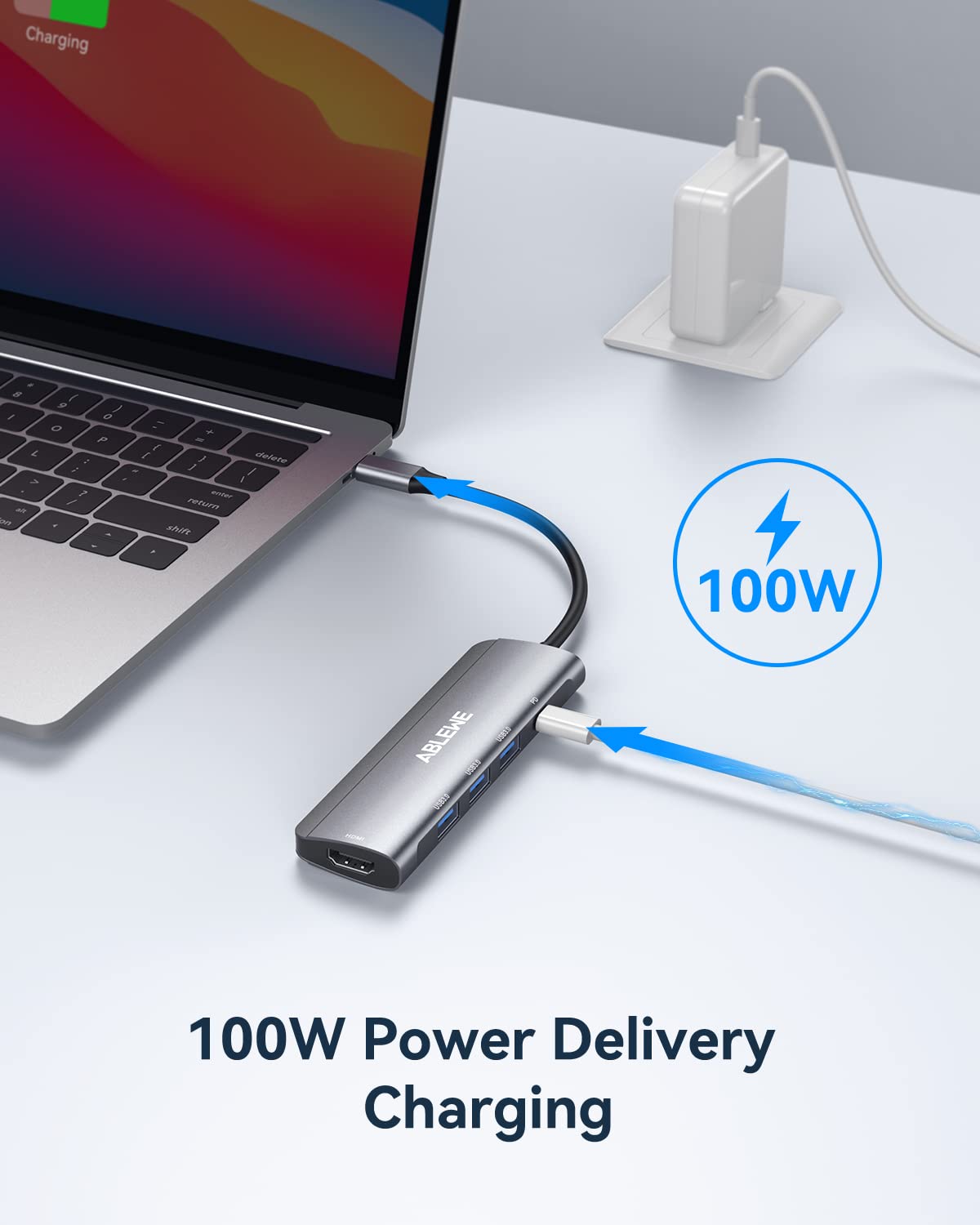 USB C Hub, ABLEWE USB C to HDMI Multiport Adapter, Thunderbolt 3 to HDMI Hub with 4K HDMI, 3*USB 3.0 and 100W PD Charging Adapter for MacBook Pro/Air 2020, iPad Pro/Chromebook/Pixelbook/XPS/Surface