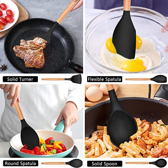 Utensil sets-Kitchen 33 Pcs Non-Stick Silicone Cooking Utensils Set with Holder, Sturdy Wooden Handle, Heat Resistance Silicone Spatula Spoon Kitchen Gadge