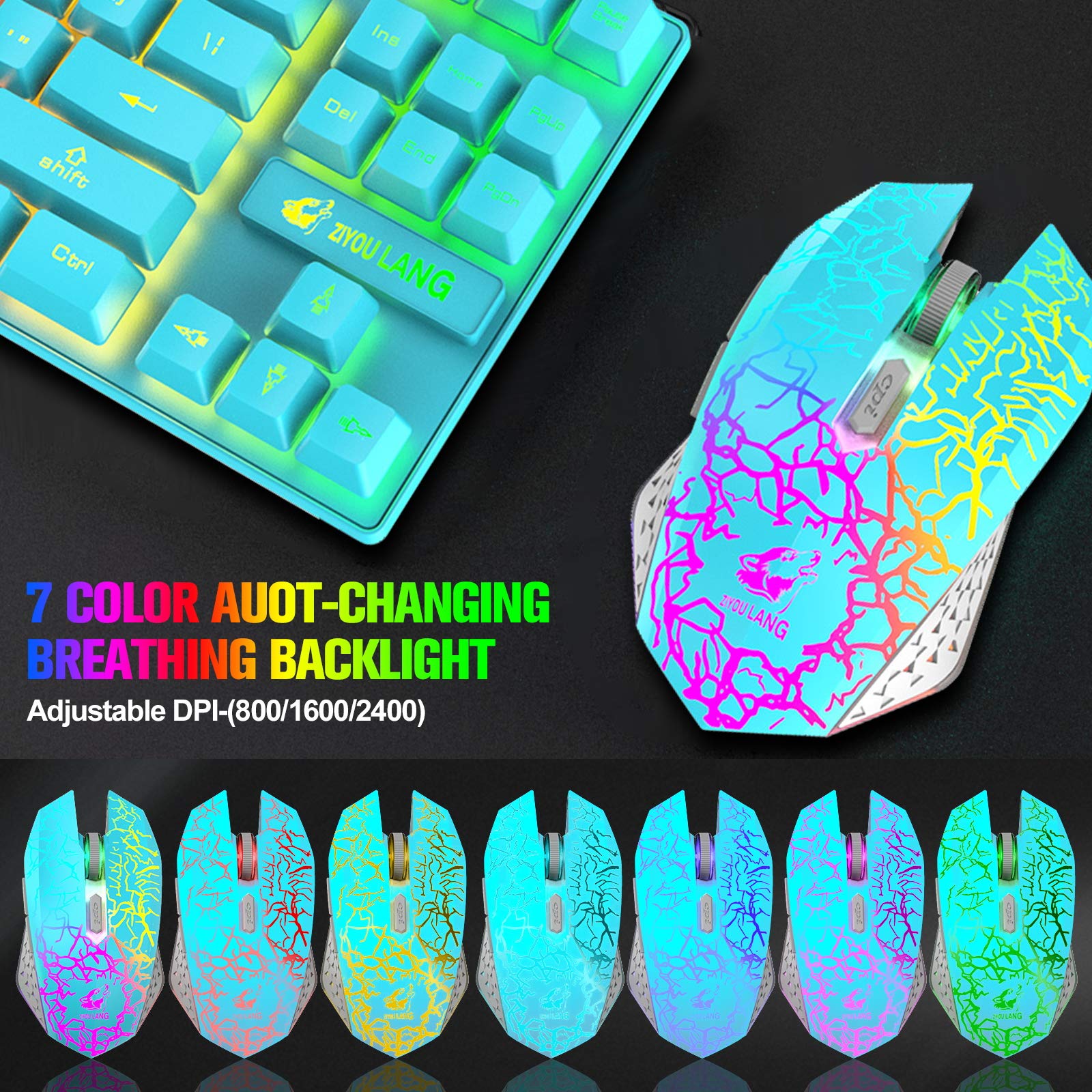 ZIYOU LANG Wireless Gaming Keyboard Mouse and Wired Headphone with Ergonomic 87Key Rainbow Backlight Rechargeable 3800mAh Battery Mechanical Anti-ghosting Mouse pad for PC Laptop Gamer Typist(Blue)