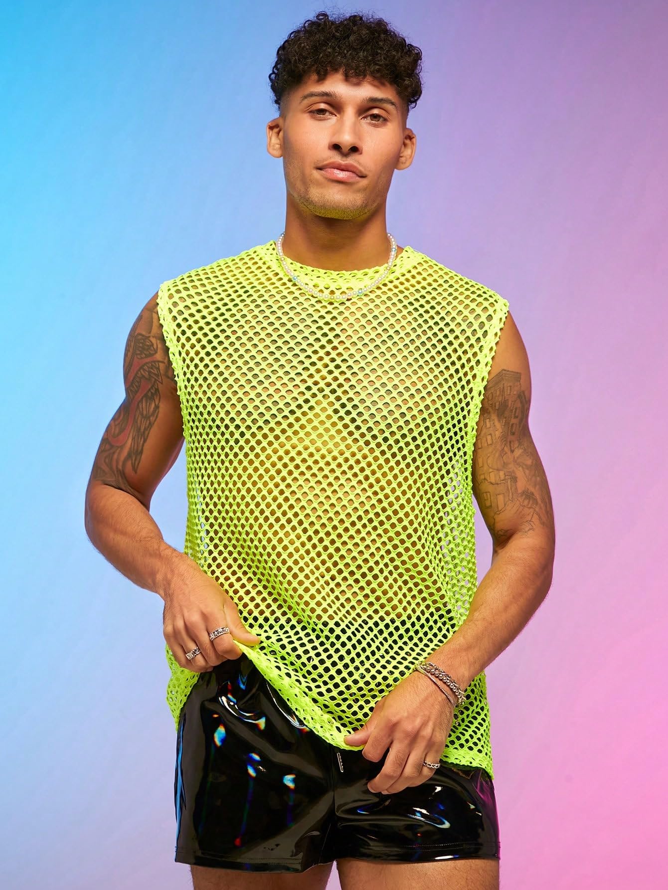 WDIRARA Men's Fishnet Mesh See Through Tank Top Sheer Sleeveless Round Neck Casual Tops Yellow M