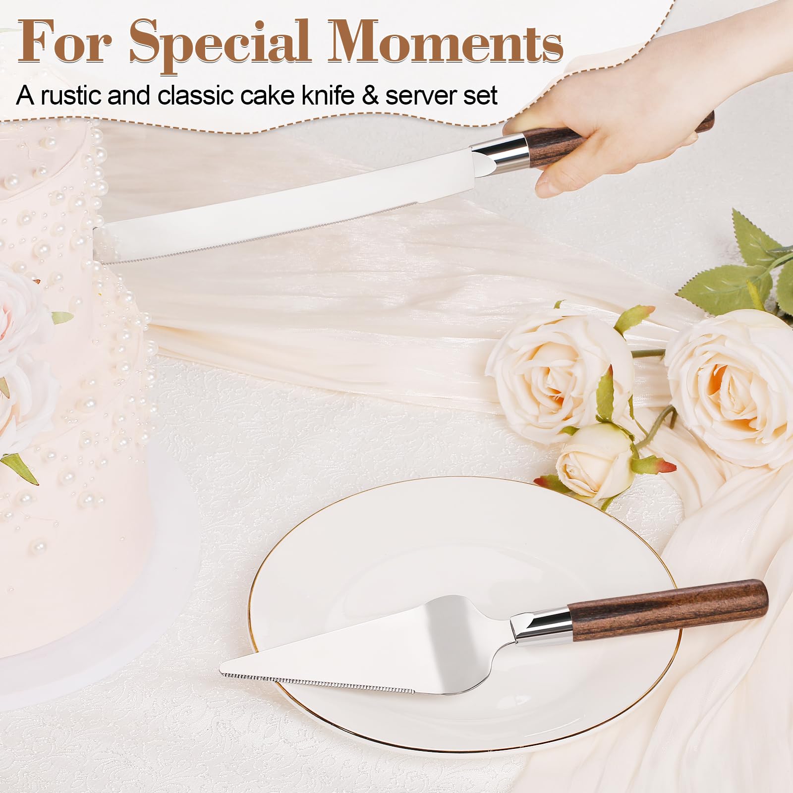 TUKDAK Cake Cutting Set for Wedding, Wood Cake Knife and Server Set, Vintage Pie Cake Cutter, Silver Pizza Dessert Utensils Bridal Anniversary Birthday QuinceaƱera Gift (Original Wood)