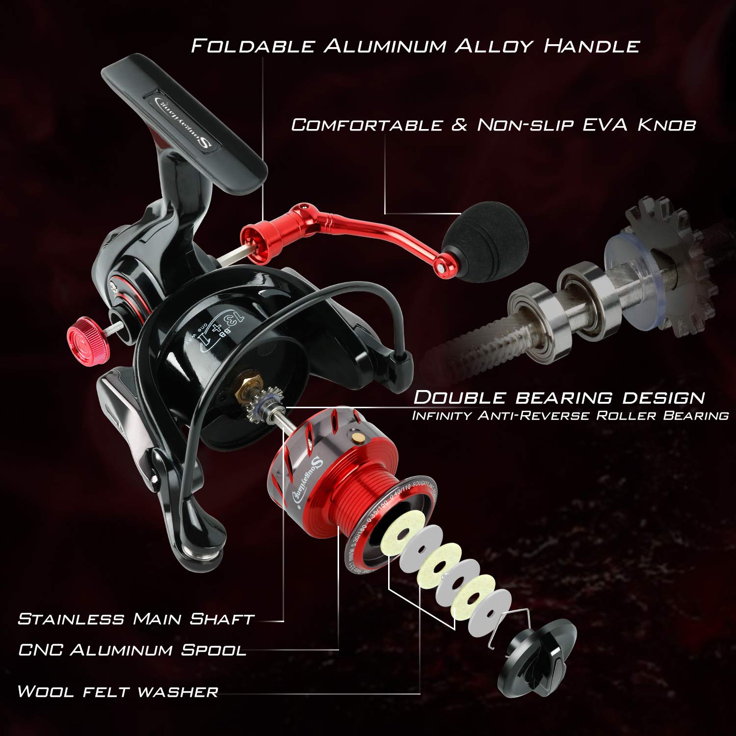 Sougayilang Fishing Reel Ultra Smooth Powerful,13+1BB Spinning Reel,Lightweight Graphite Frame, CNC Aluminum Spool for Freshwater(red 3000)