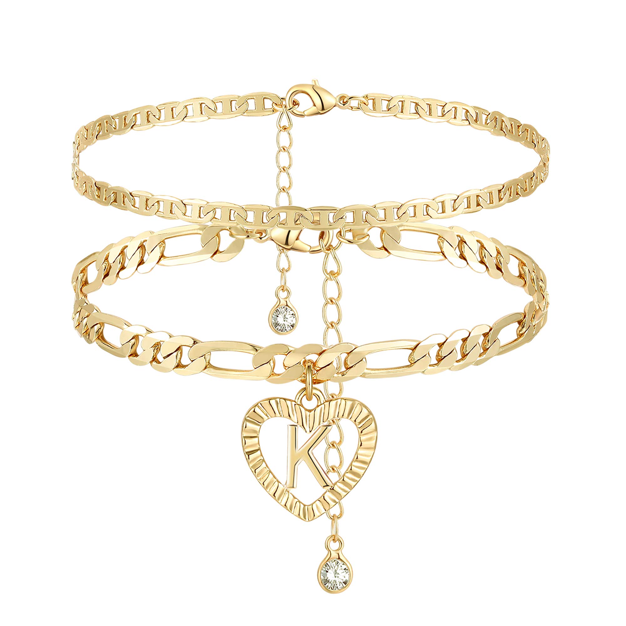 YANODA Initial Ankle Bracelets for Women 14K Gold Plated Layered Figaro Chain Letter Initial Anklets Handmade Layered Heart Ankle Bracelets Personalized Jewelry for Women K