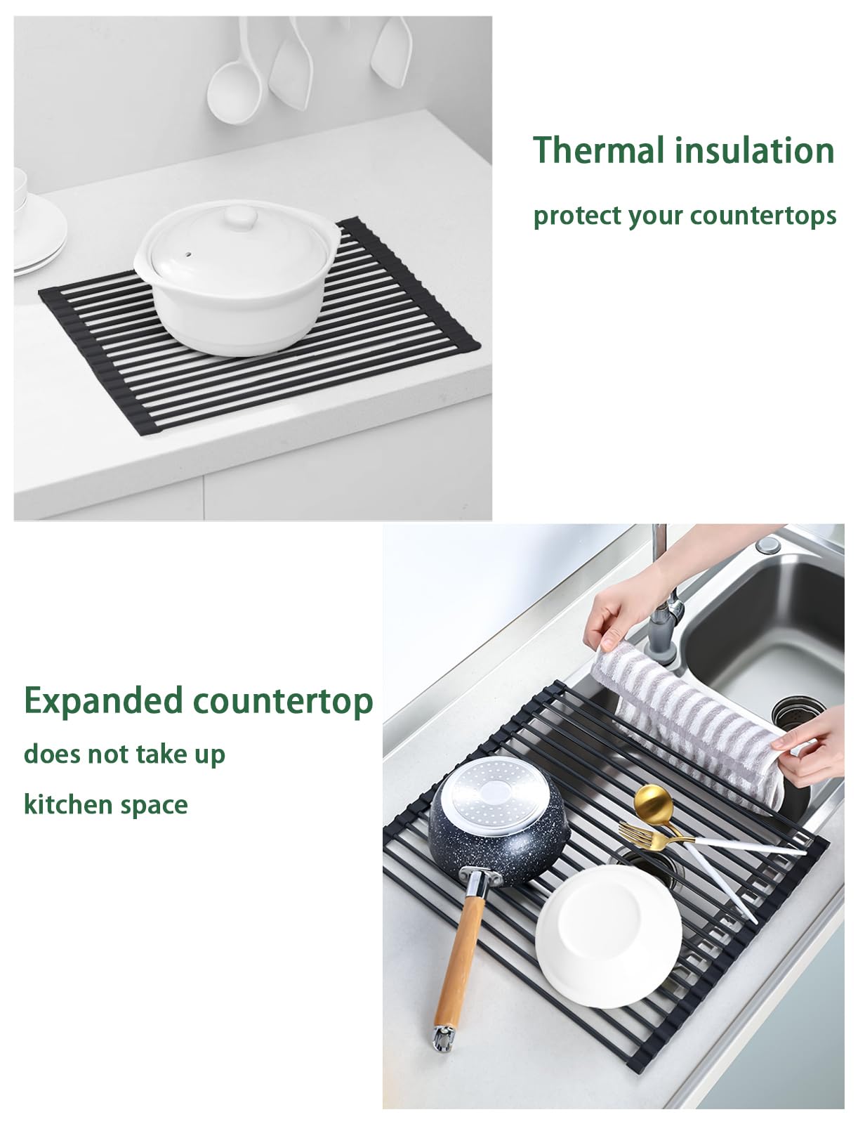 VICEAXY Roll-Up Dish Drying Rack 17” x 13”, Stainless Steel with Silicone Wrapped Drainer Rack, Foldable Sink Rack Mat for Kitchen Dishes, Cups, Fruits, Vegetables (M, Black)
