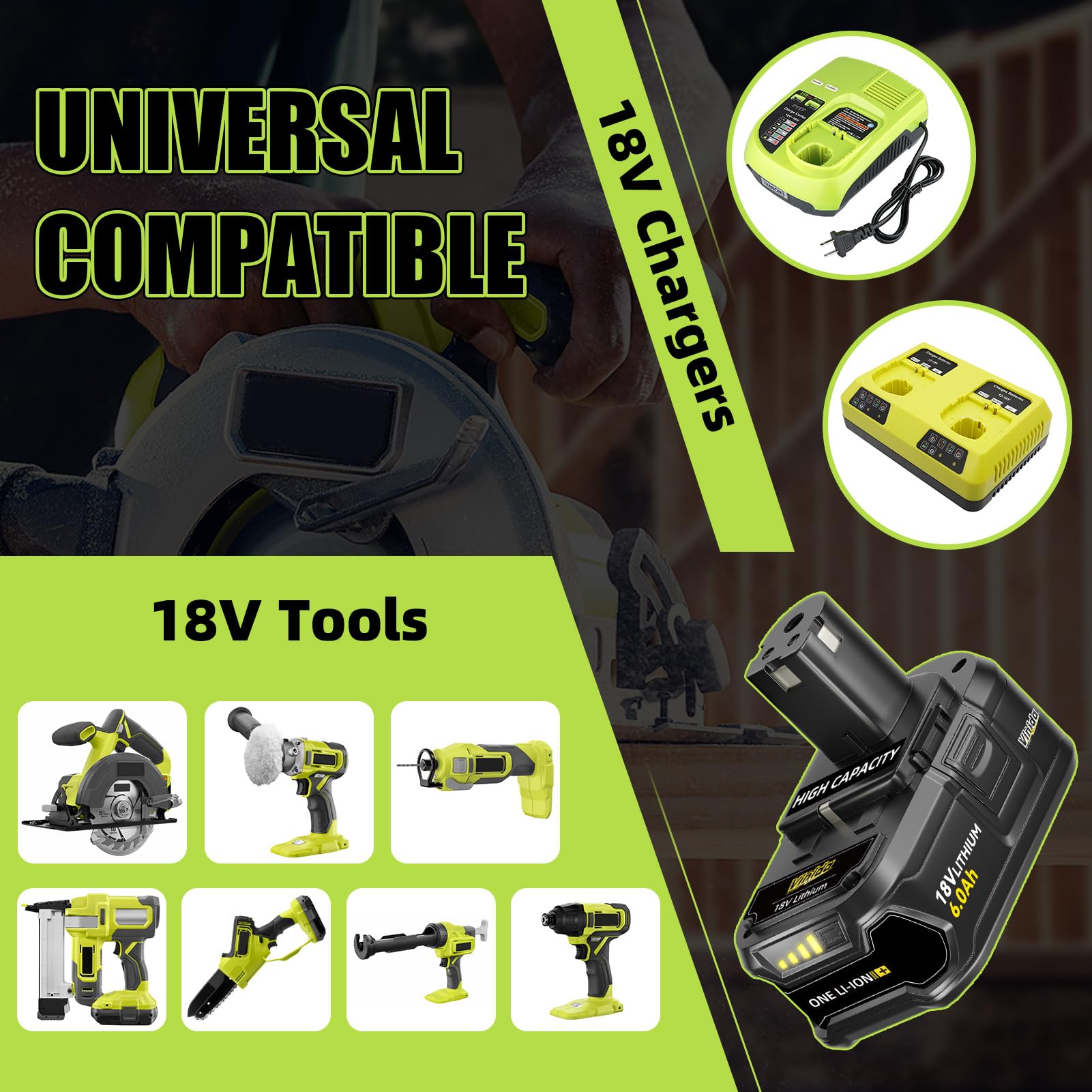 VINIDA 2Pack 6.0Ah 18V P108 Battery Replacement for Ryobi 18V Battery Lithium Compatible with Ryobi Battery P102 P104 P109 Cordless Power Tools