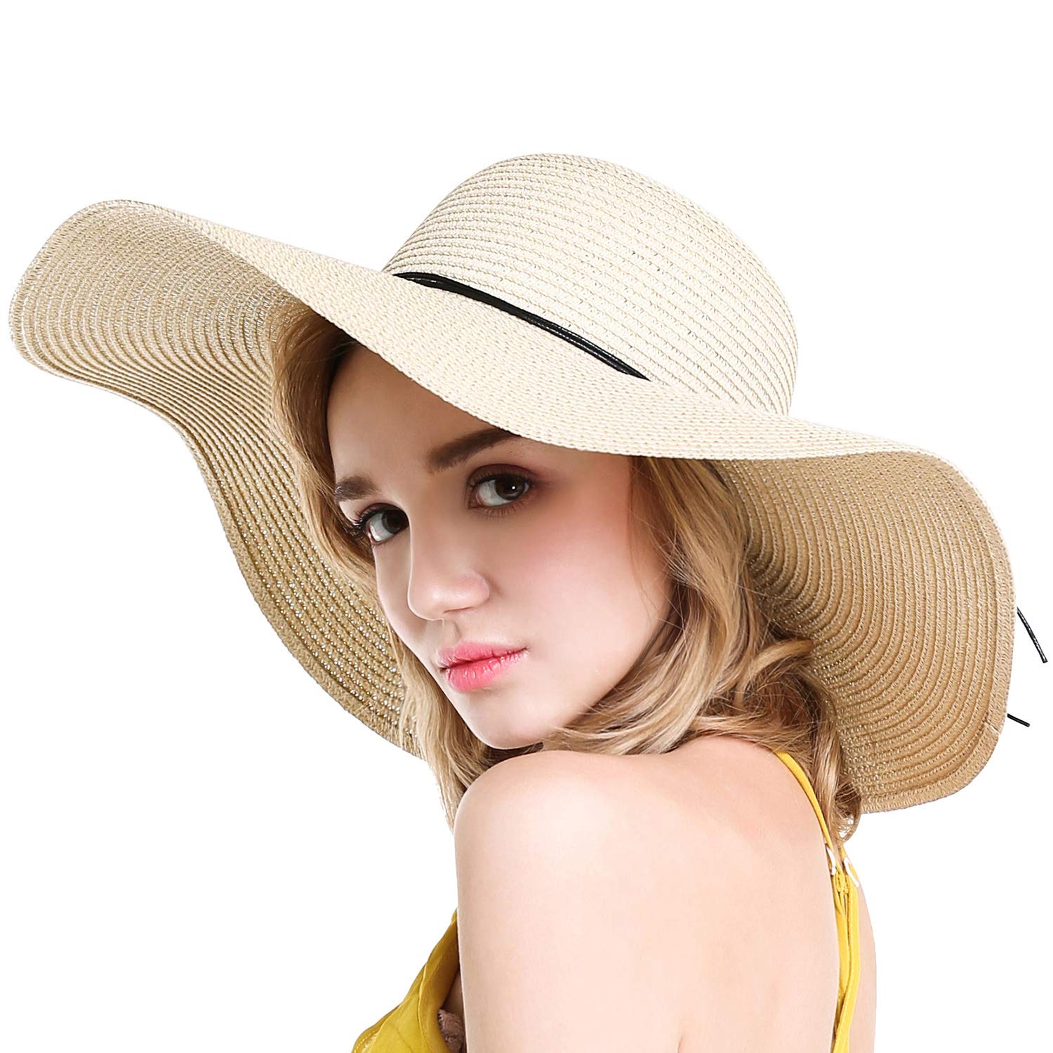 Womens Floppy Straw Hat Wide Brim Foldable Beach Cap Sun Hat for Women UPF 50+