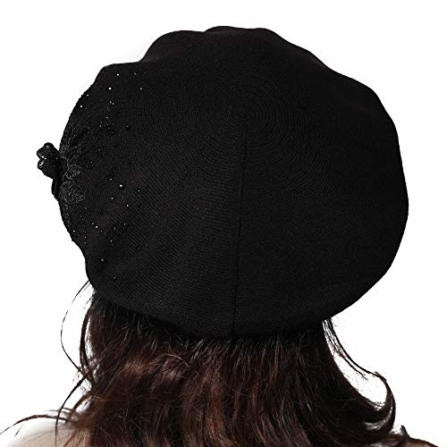 ZLYC Womens French Beret hat, Reversible Solid Color Cashmere Mosaic Warm Beret Cap for Girls (Flower Black)