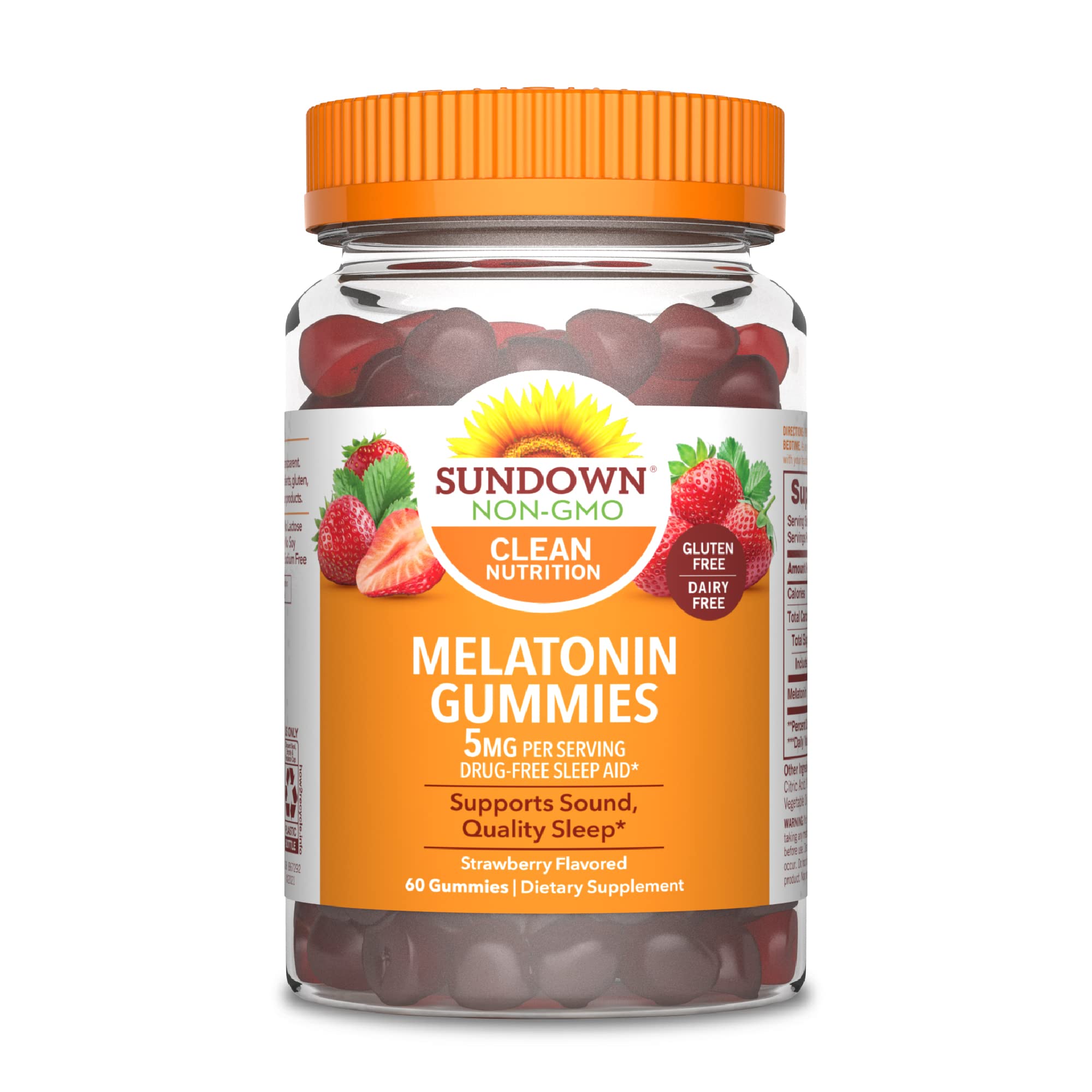 Sundown Melatonin 5mg Gummies for Sleep Support, Non-GMO, Dairy-Free, Gluten-Free, Natural Strawberry Flavor, 60 Count
