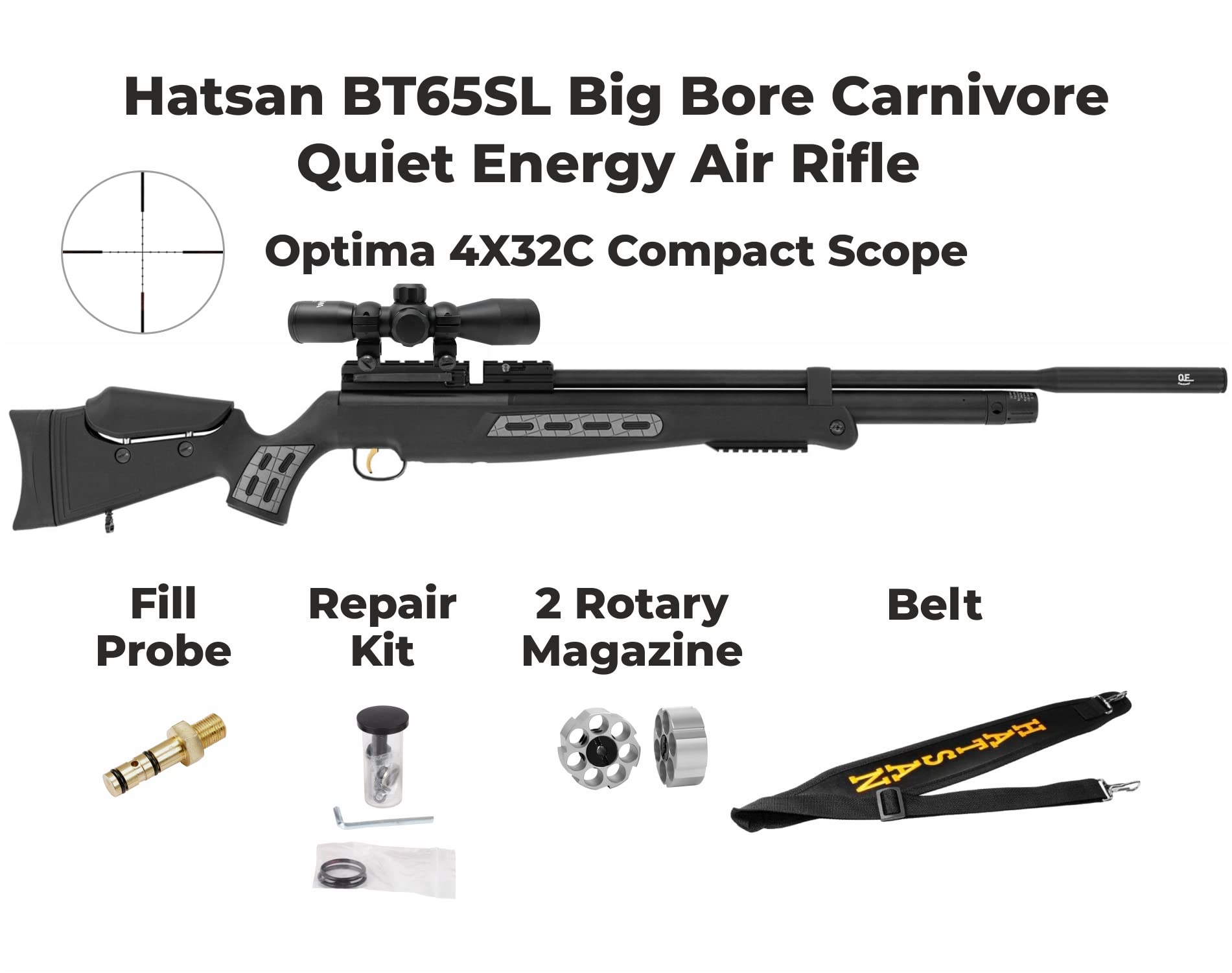 Wearable4U - Hatsan BT 65 SL QE Big Bore Carnivore .30 Cal PCP Air Rifle w/Scope and 100 Paper Targets and 100x .30 Cal Pellets Bundle