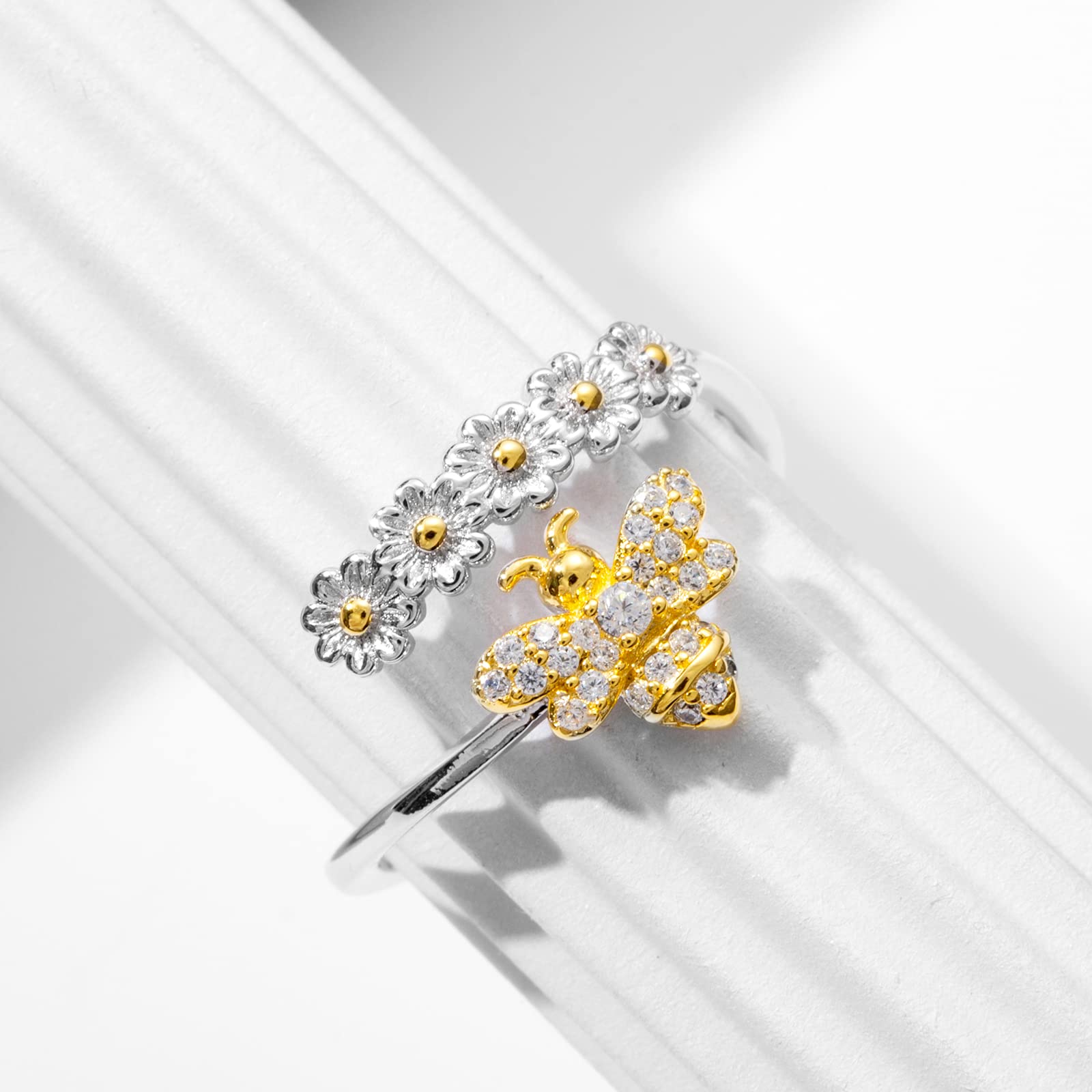 ZNS, Sterling Silver Daisy Bee Ring Simple Flower Ring Stacking Rings for Women Girls