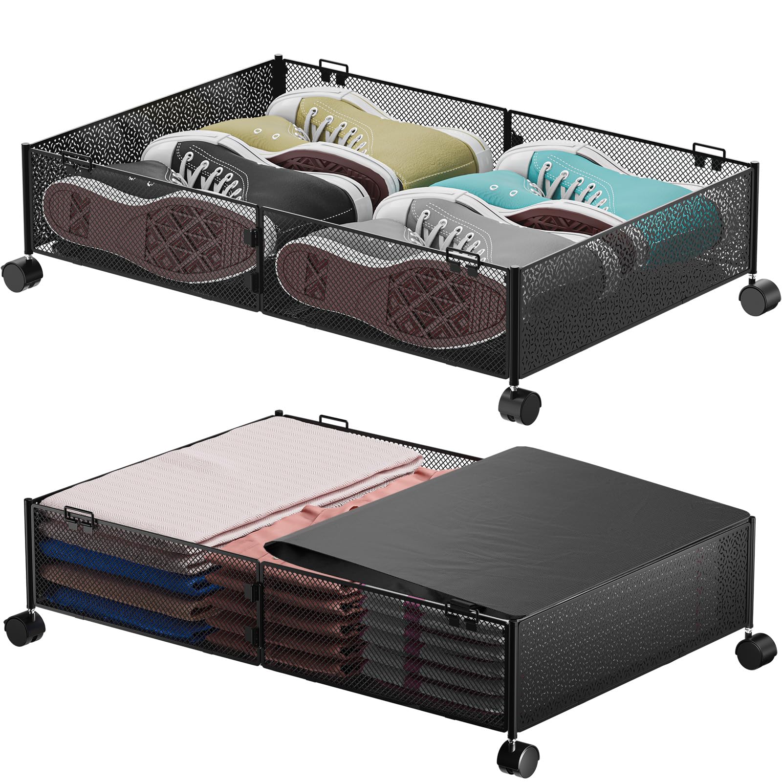 TUMUCUTE Under Bed Storage, Underbed Storage Containers with Wheels, Metal Under the bed storage, Under Bed Storage Organizer for Shoe, Clothes, Blankets, Bedding(2 Pack)