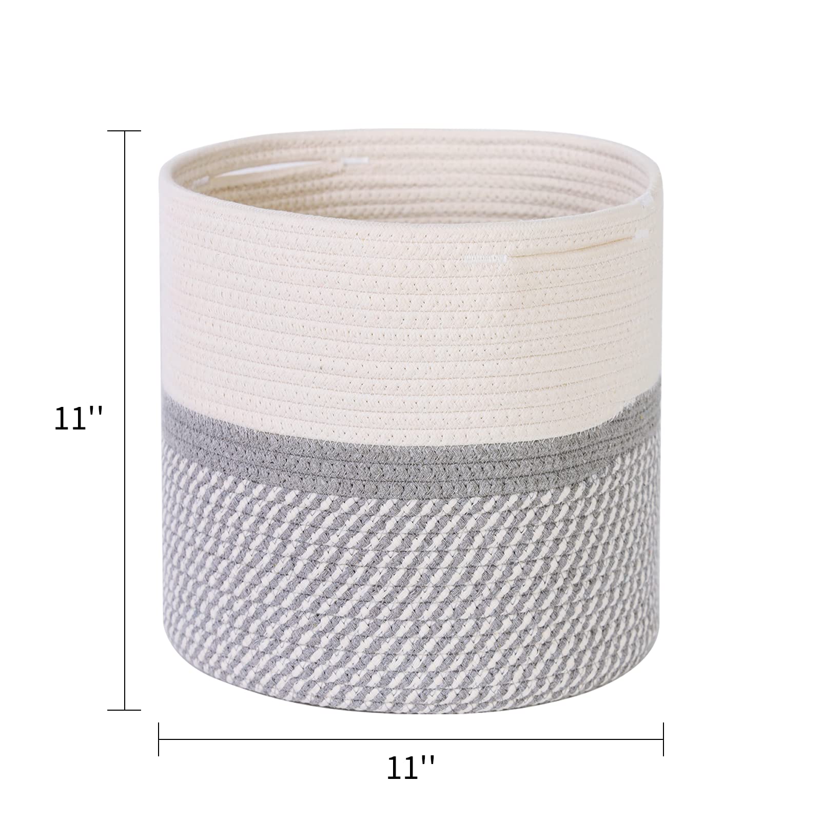 Woven Cotton Basket Sef of 3, 11x11x11in Storage Shelf Basket for Toys Clothes Books, Home Office Organization Basket, White & Grey