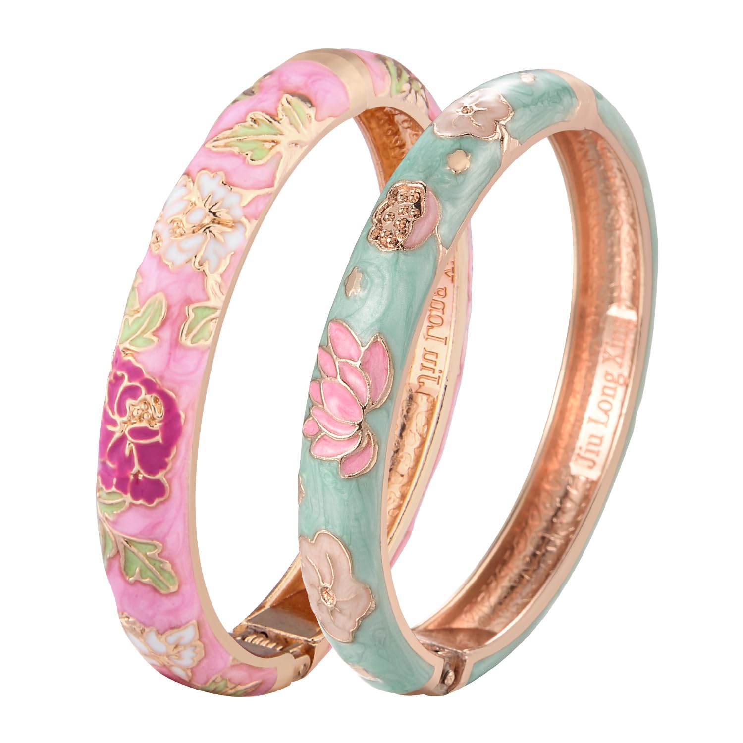 UJOY Elegant Bracelet Gold Plated Enameled Jewelry Spring Hinge Metal Cuff Cloisonne Bangles Set Gift Box Packed 55A82-55A117 green pink